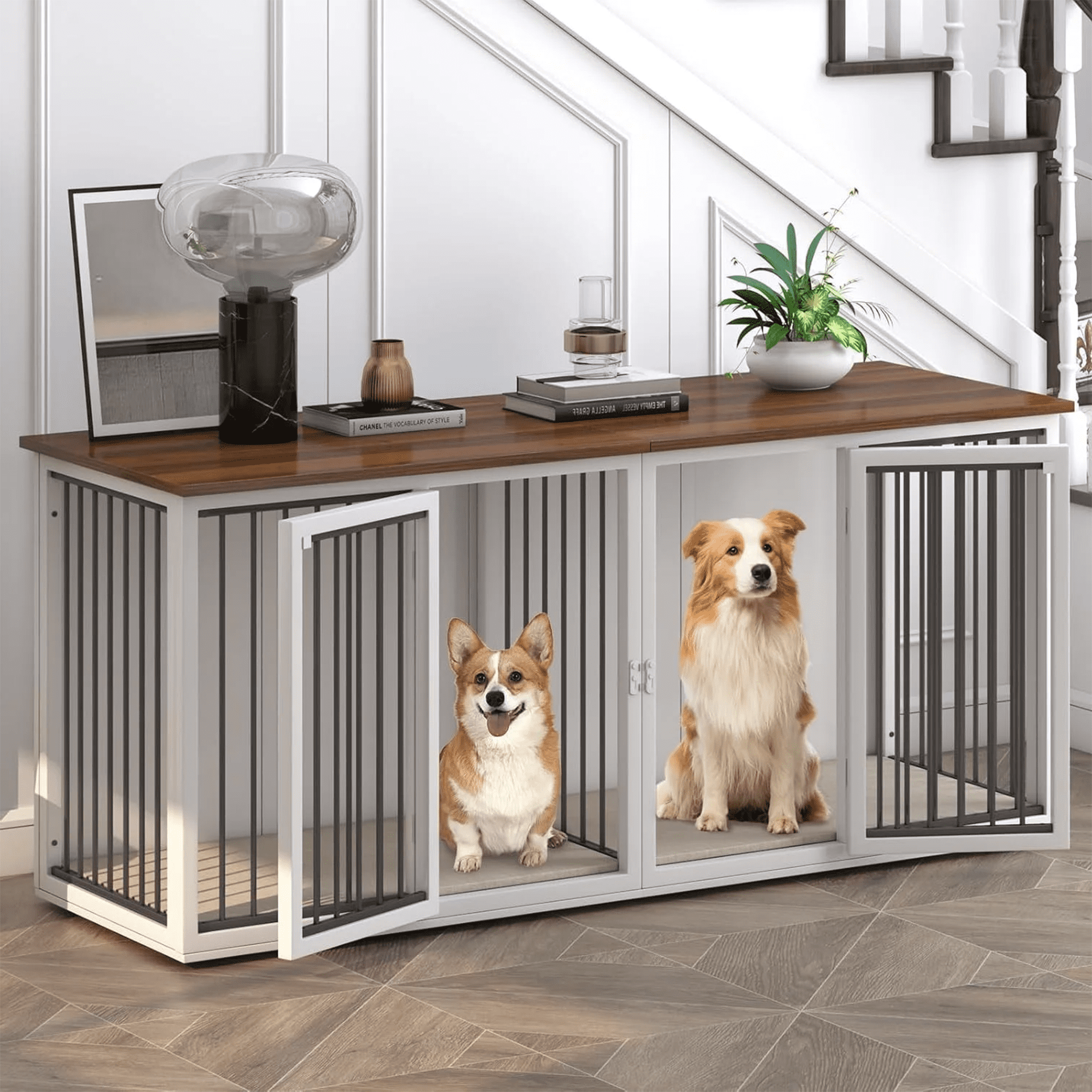 ICEELF 71.6" Large Dog Crate Furniture, 2-Door Frame Pet Crate ...