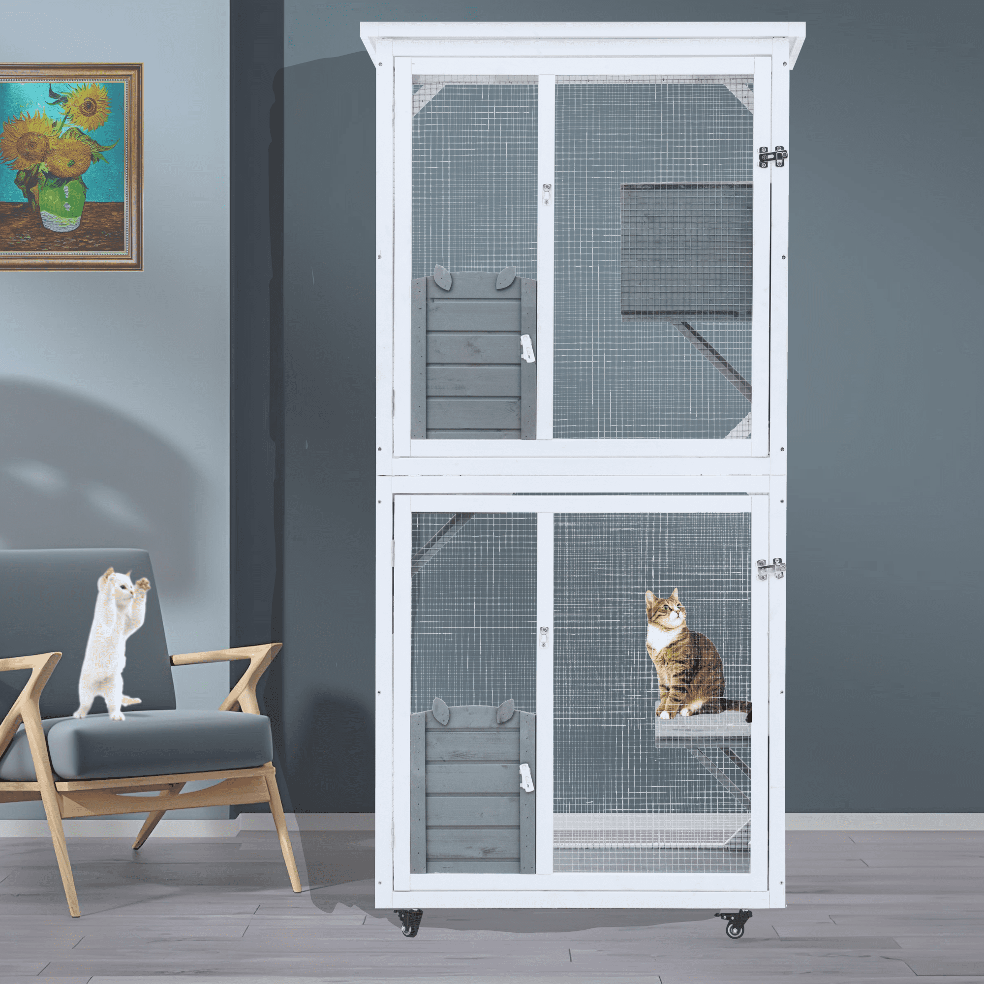 71.65" Tall Cat Climbing Tower with Play Cage - Multi-Level Indoor ...