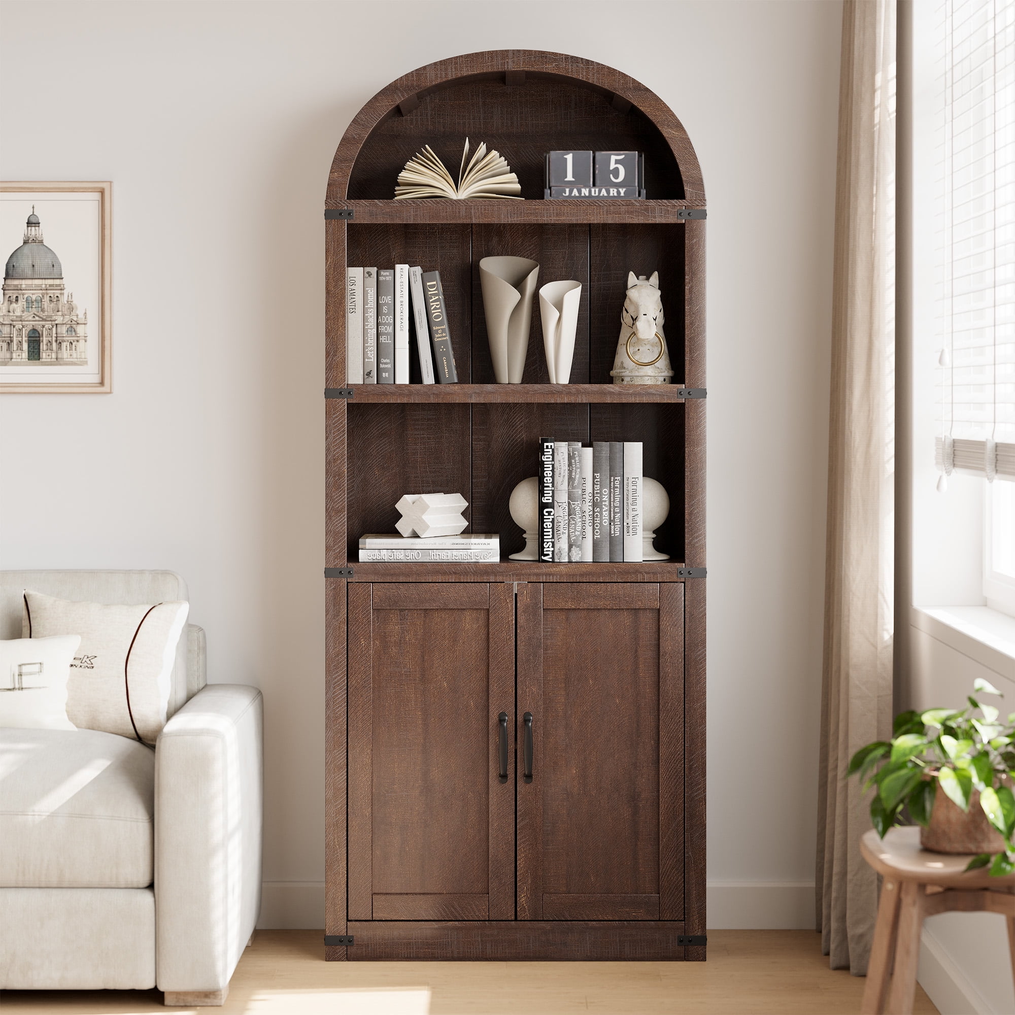 71.65in Arched Bookcase Book Shelf with Doors,5 Tier Tall Display ...