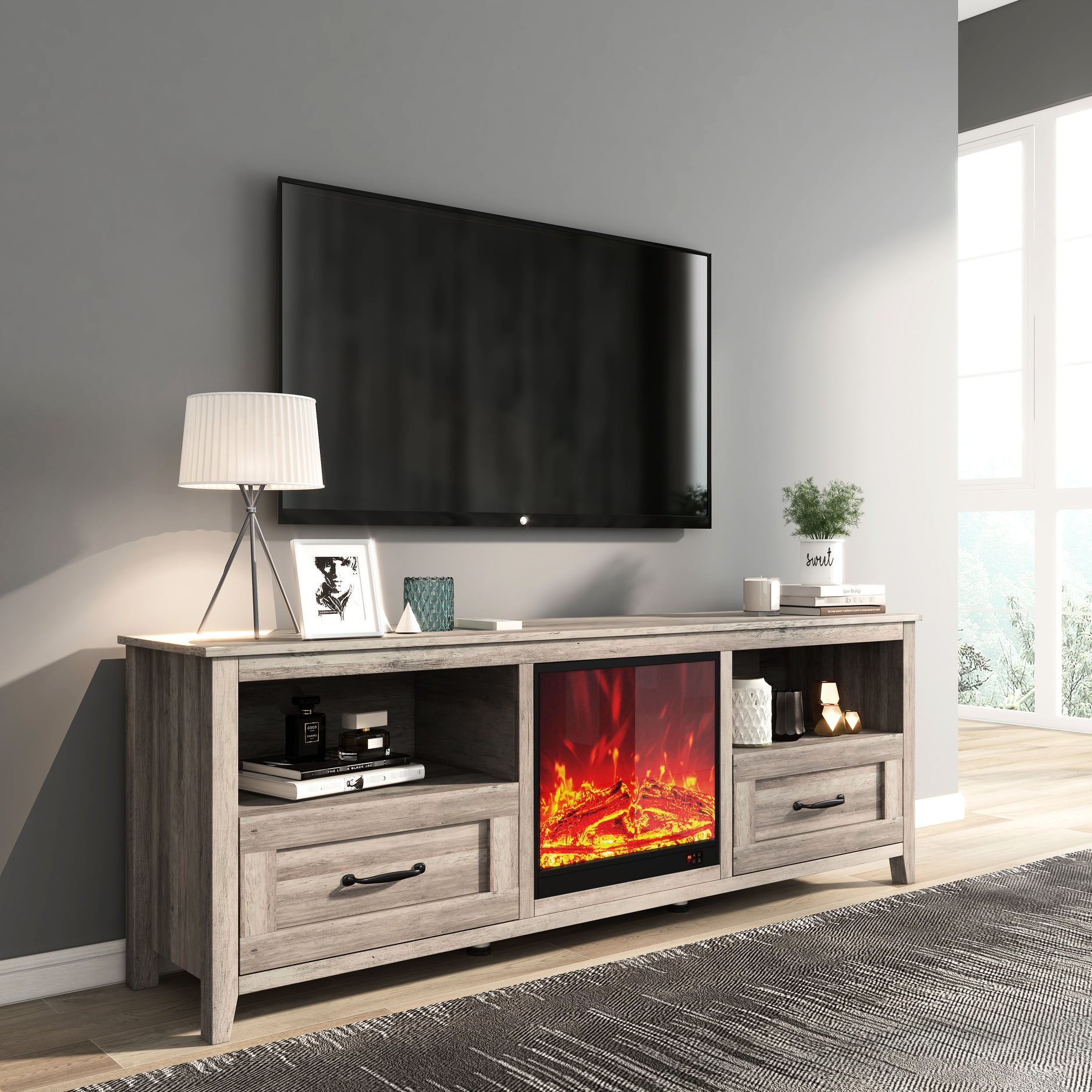 71.66 Inch Tv Stand With Grey Walnut Finish, 2 Drawers, 4 Compartments ...