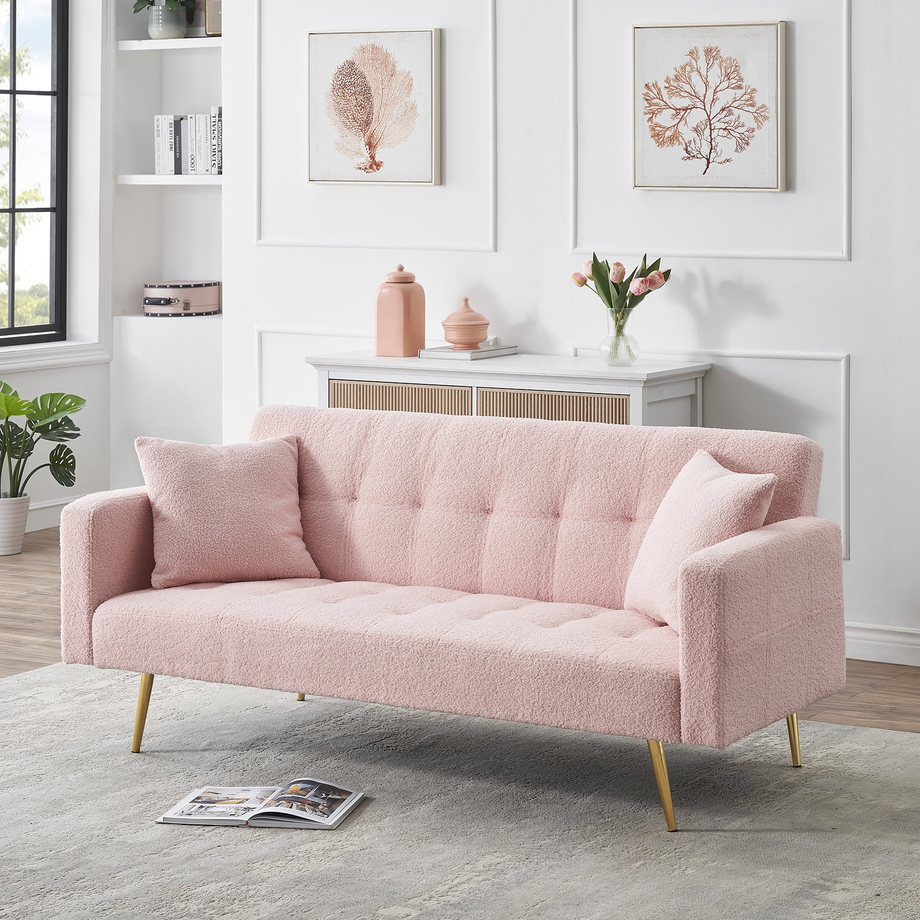 71.7-Inch Pink Sofa Bed with Teddy Fleece Upholstery, Convertible ...