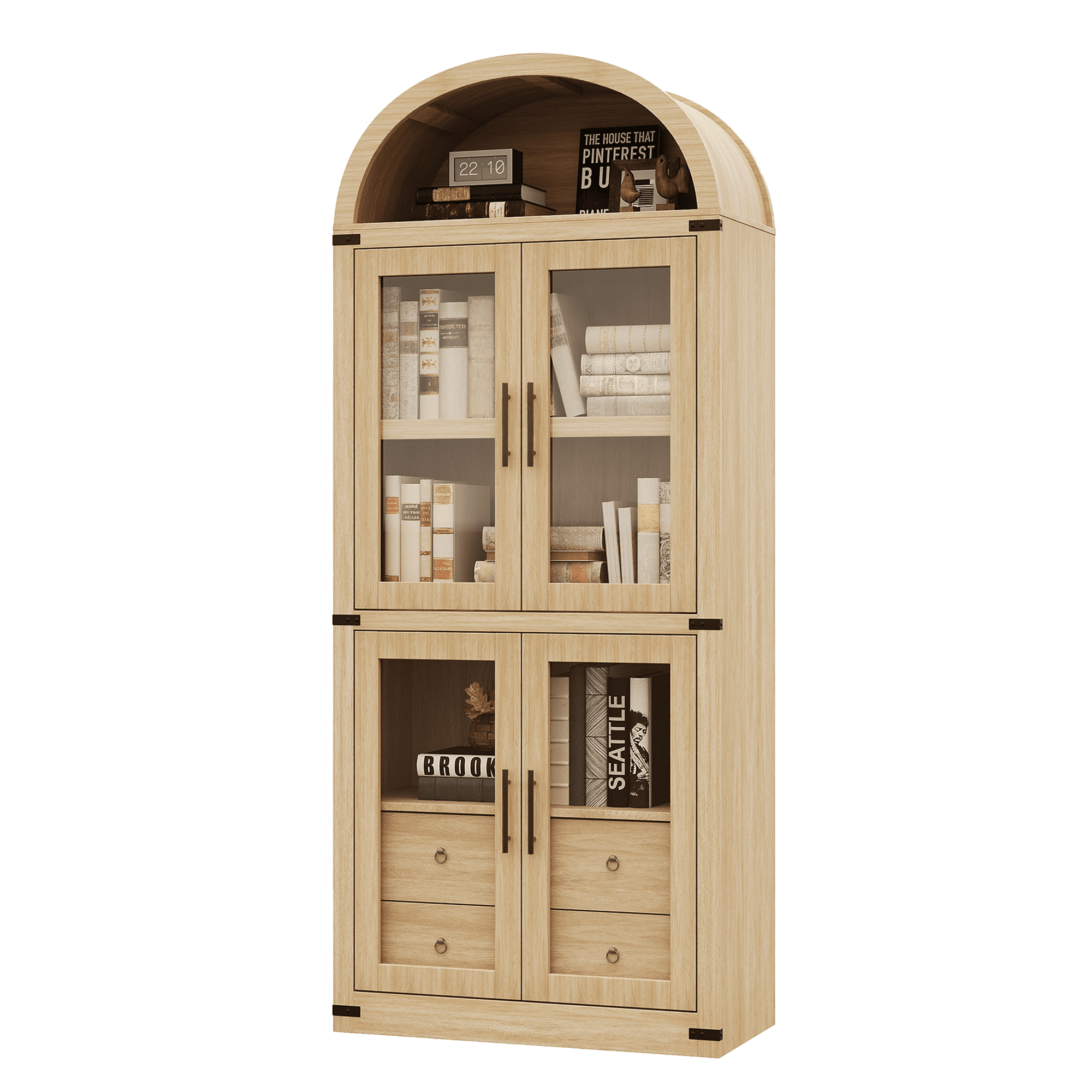 71.7 Inch Tall Arched Bookcase, Glass Door Arched Cabinet with 2 Inner ...