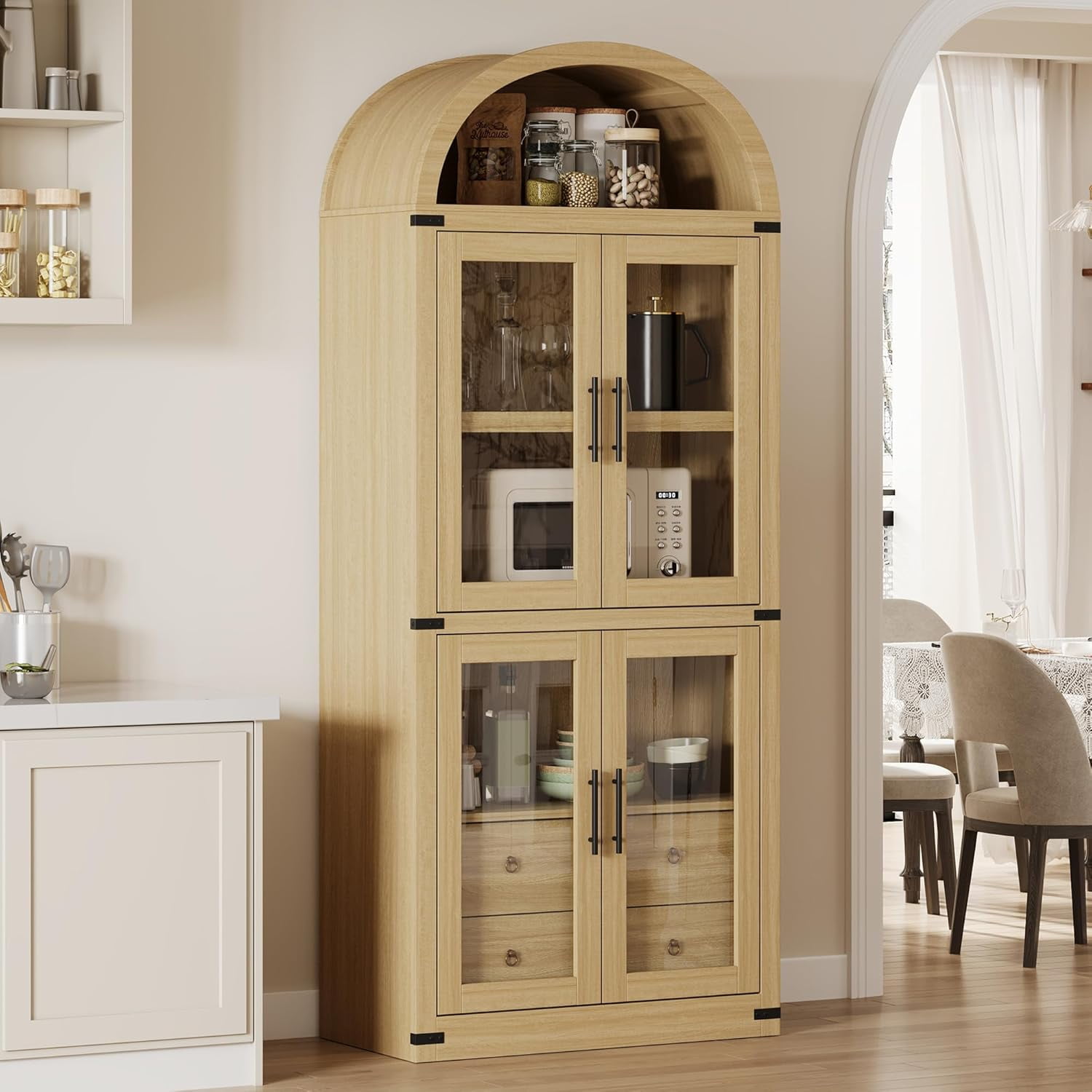 71.7 Inch Tall Arched Bookcase, Glass Door with 2 Inner Drawers, Arched ...
