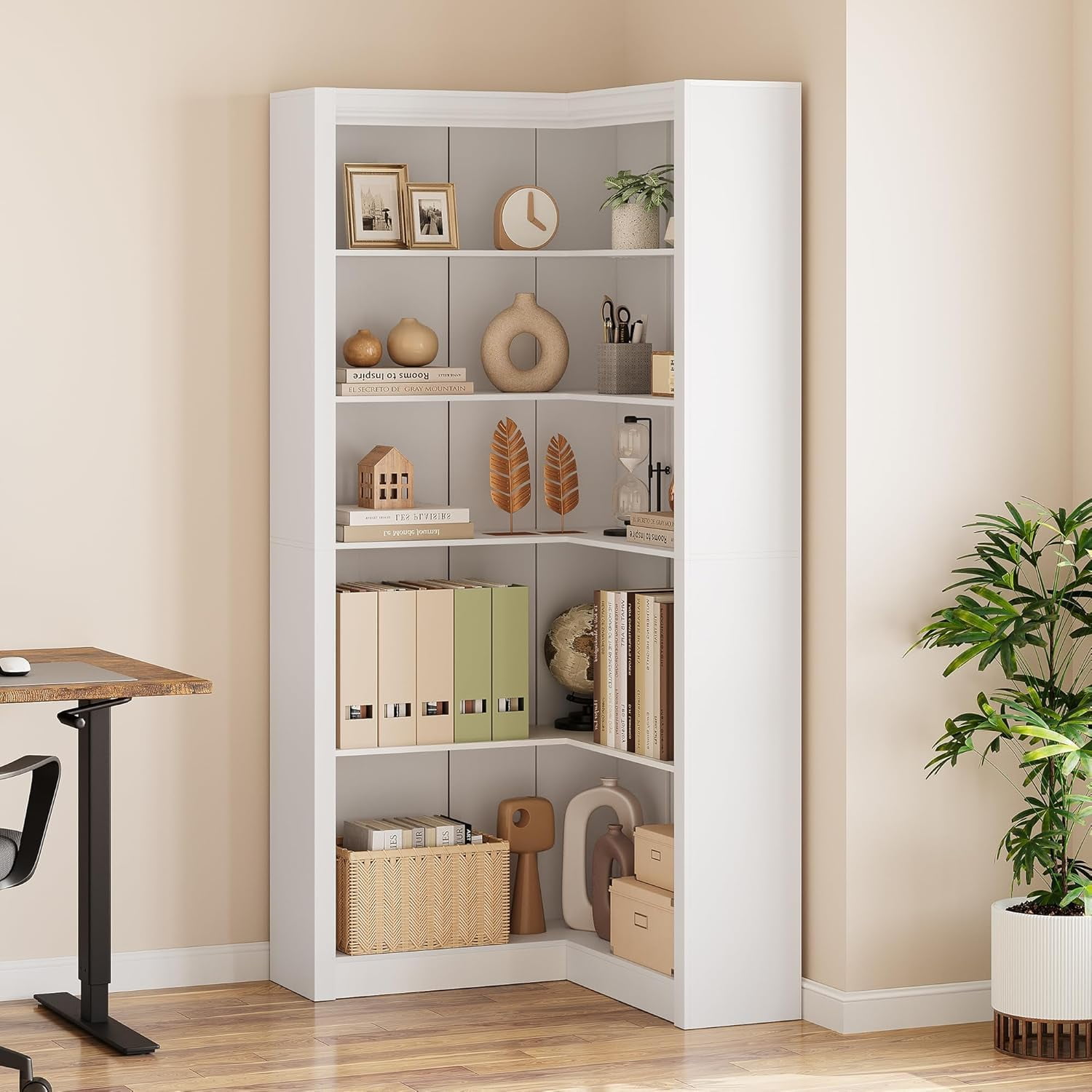 71.8" Corner Bookshelf, 5-Tier Wooden Farmhouse Bookcase w/Anti-Tipping ...