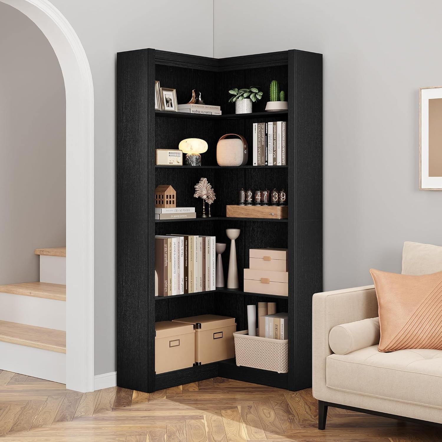 71.8''H Corner Bookshelf, Farmhouse Corner Bookcase, 5 Tier L-Shaped ...