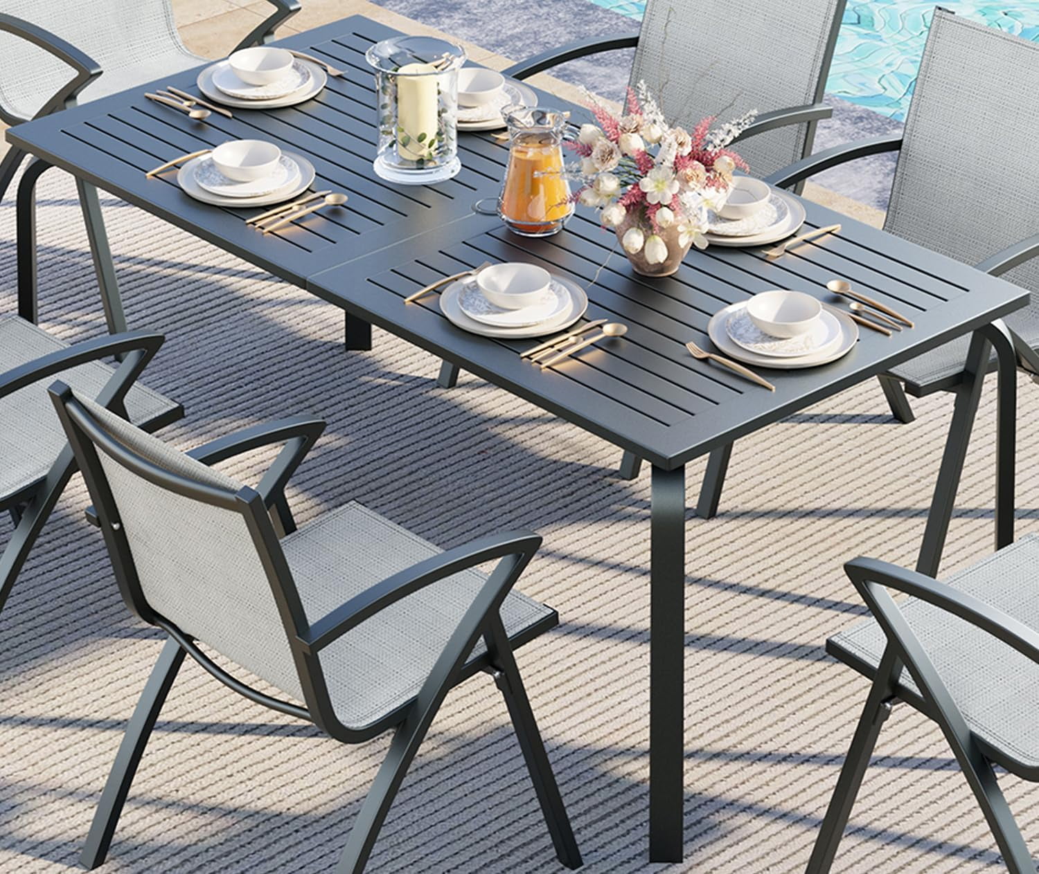 71" Aluminum Patio Dining Table w/Umbrella Hole, Outdoor Aluminum Patio ...