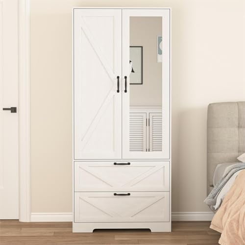 71" Armoire Wardrobe Closet with Mirror Door and LED Lights, Farmhouse ...