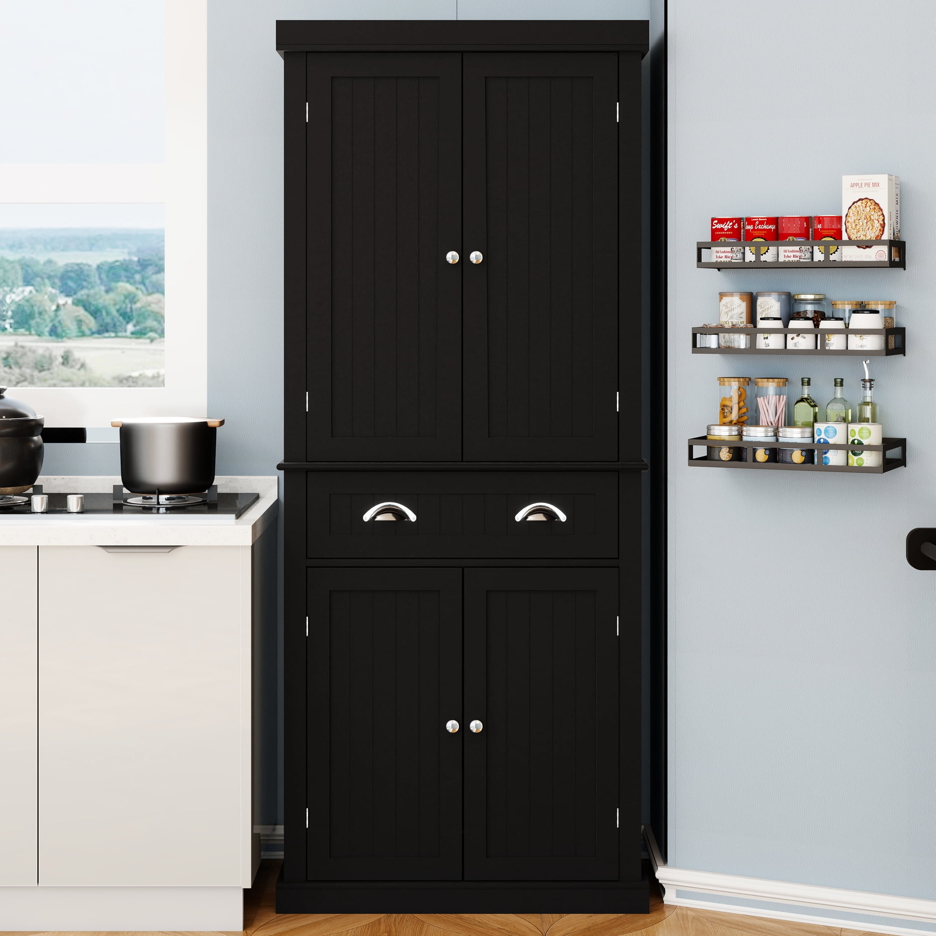 71" Black Kitchen Pantry Cupboard With 4 Doors, Drawer, And 2 Adjustable Shelves. For Dining ...