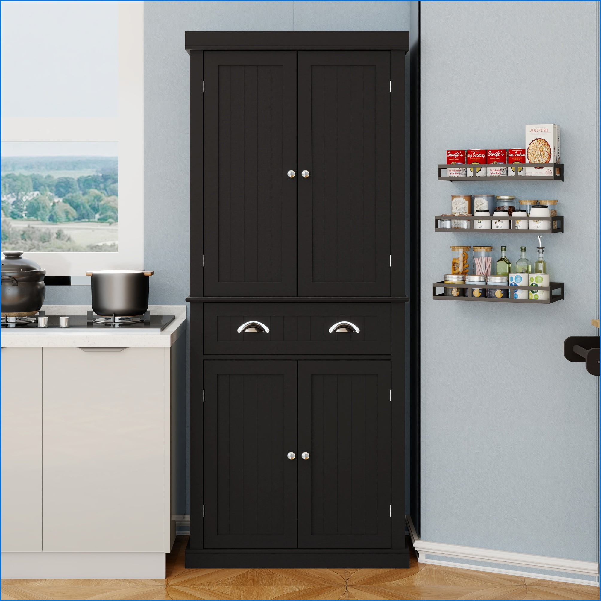 71” Black Kitchen Pantry Storage Cabinet | 4 Doors, Drawer, 2 ...