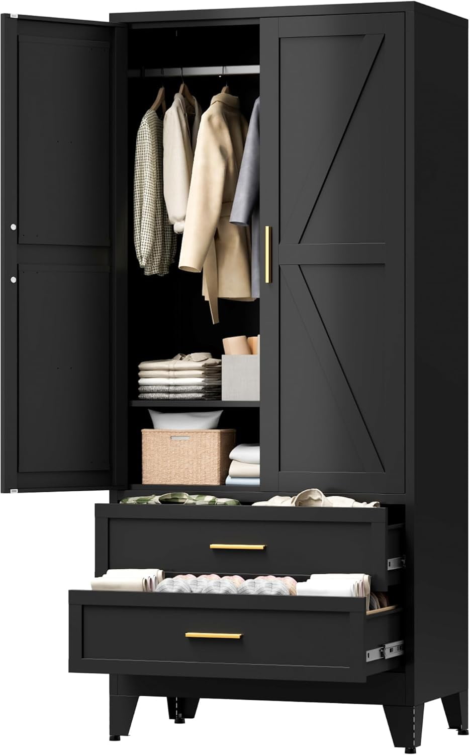 71" Black Metal Wardrobe Cabinet with 2 Drawers & Hanging Rod, Rustic ...
