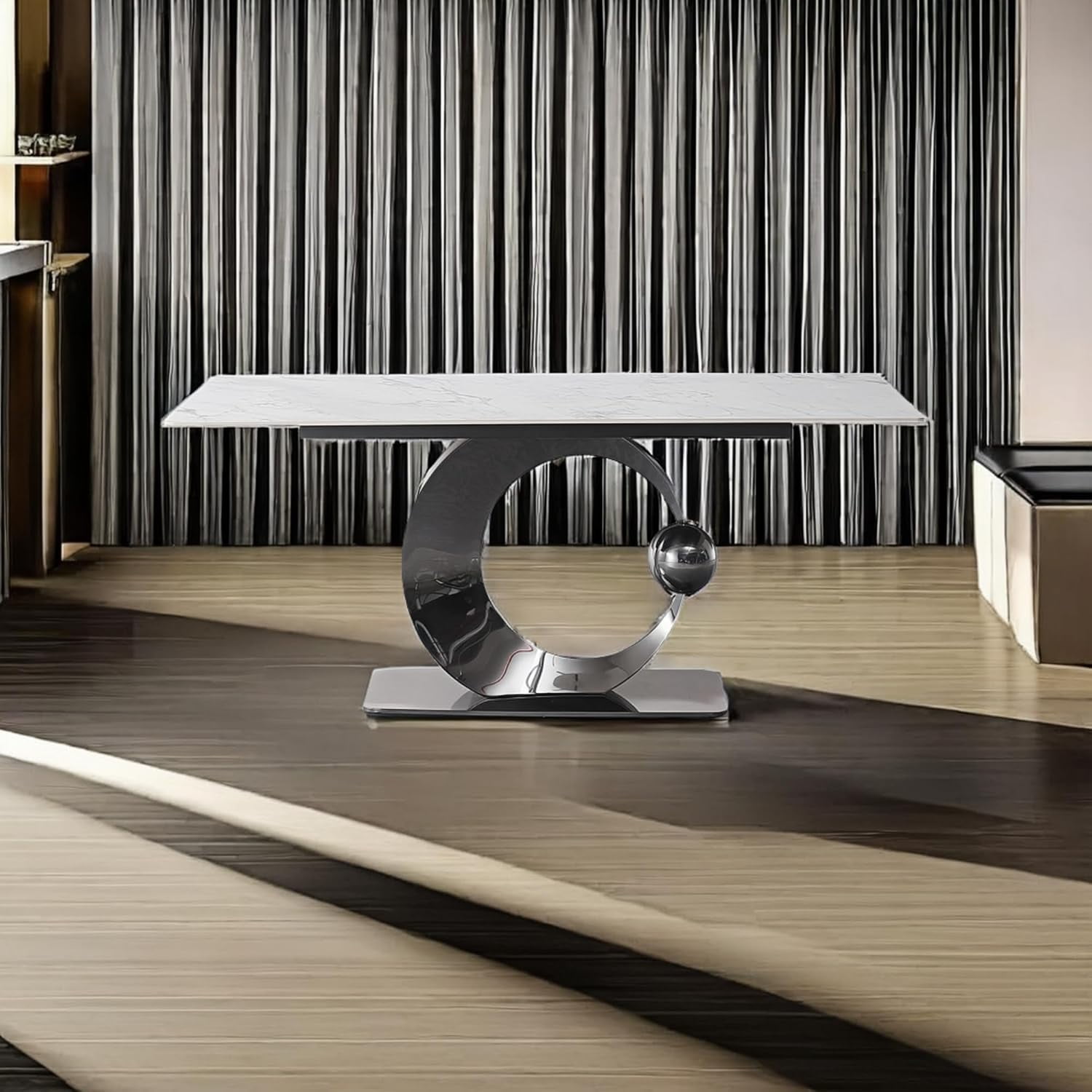 71" Black Sintered Stone Dining Table w/ Striped Gold Base & Marble ...