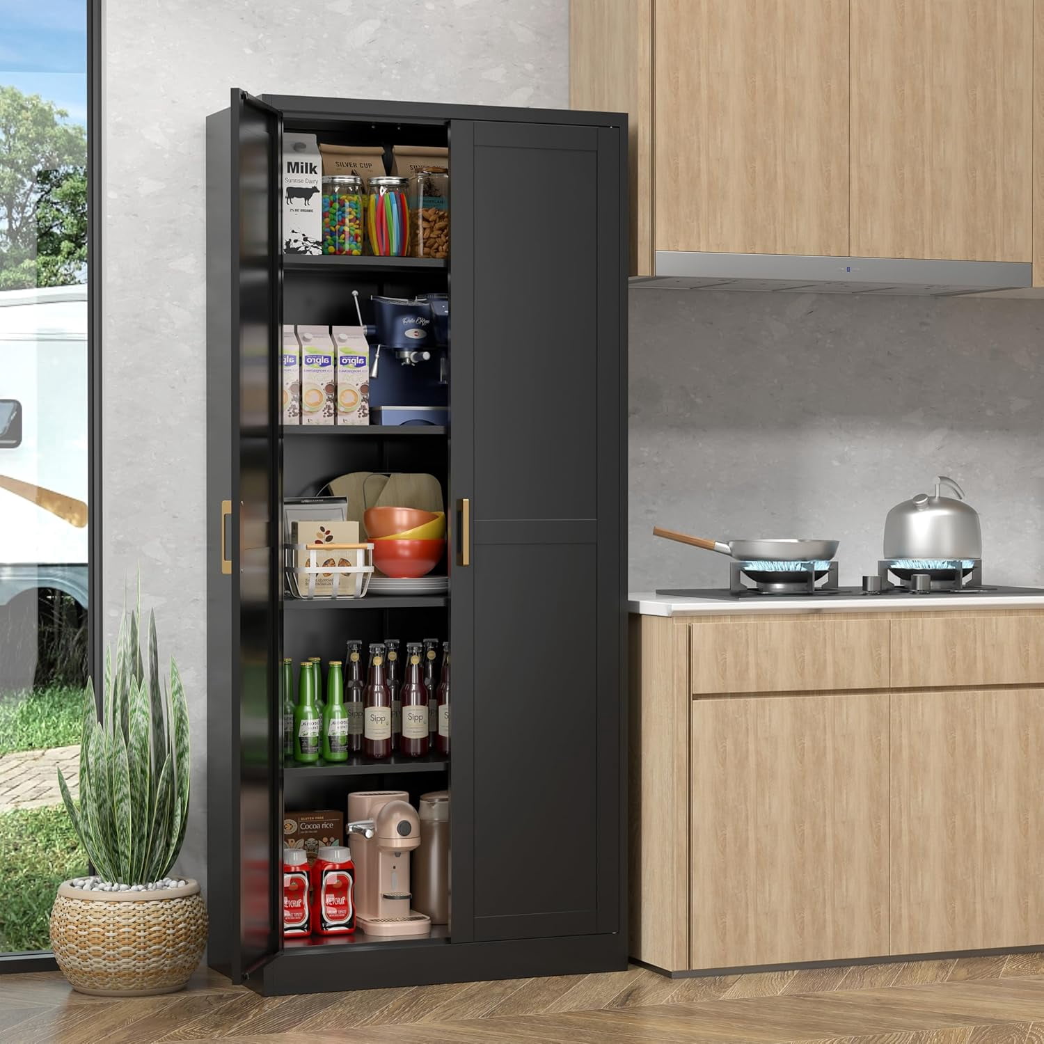 71" Black Storage Cabinet, Metal Pantry Cabinet, Kitchen Pantry Storage ...
