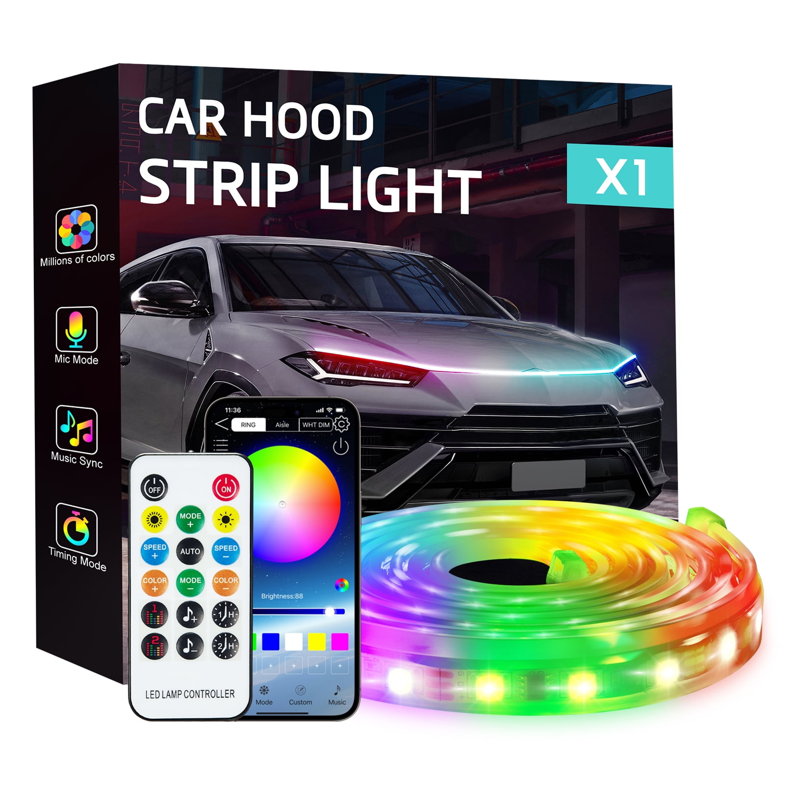 SPEEDWOW 71'' RGB LED Car Hood Light Strips, Dreamcolor Chasing ...