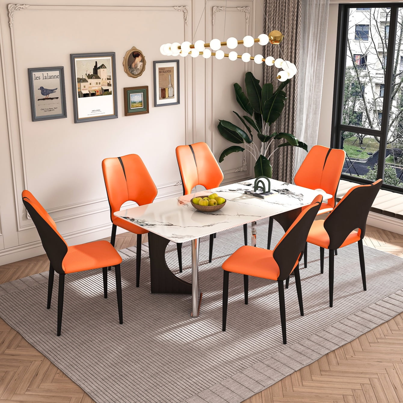 71" Carrara Gold Marble Dining Table with Stainless Steel Base & 6 ...