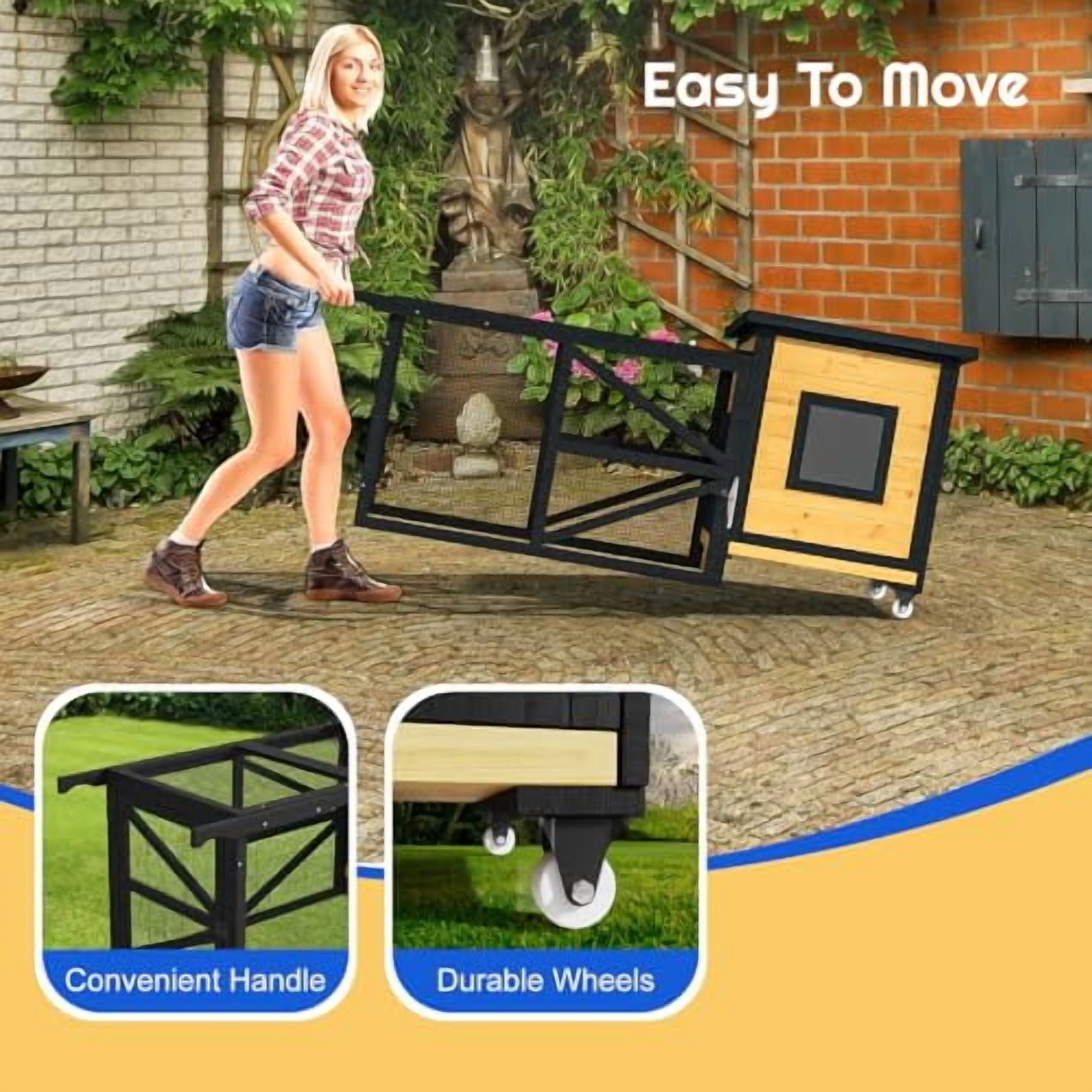 71'' Chicken Coop for 2-3 Chickens with Wheels, Outdoor Wooden Hen ...