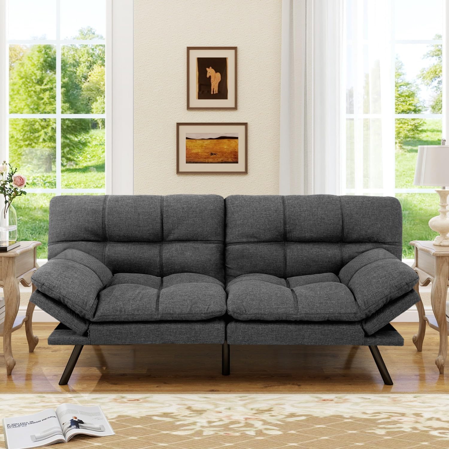 71” Convertible Futon Sofa Bed, Upholstered Small Futon Couches with ...