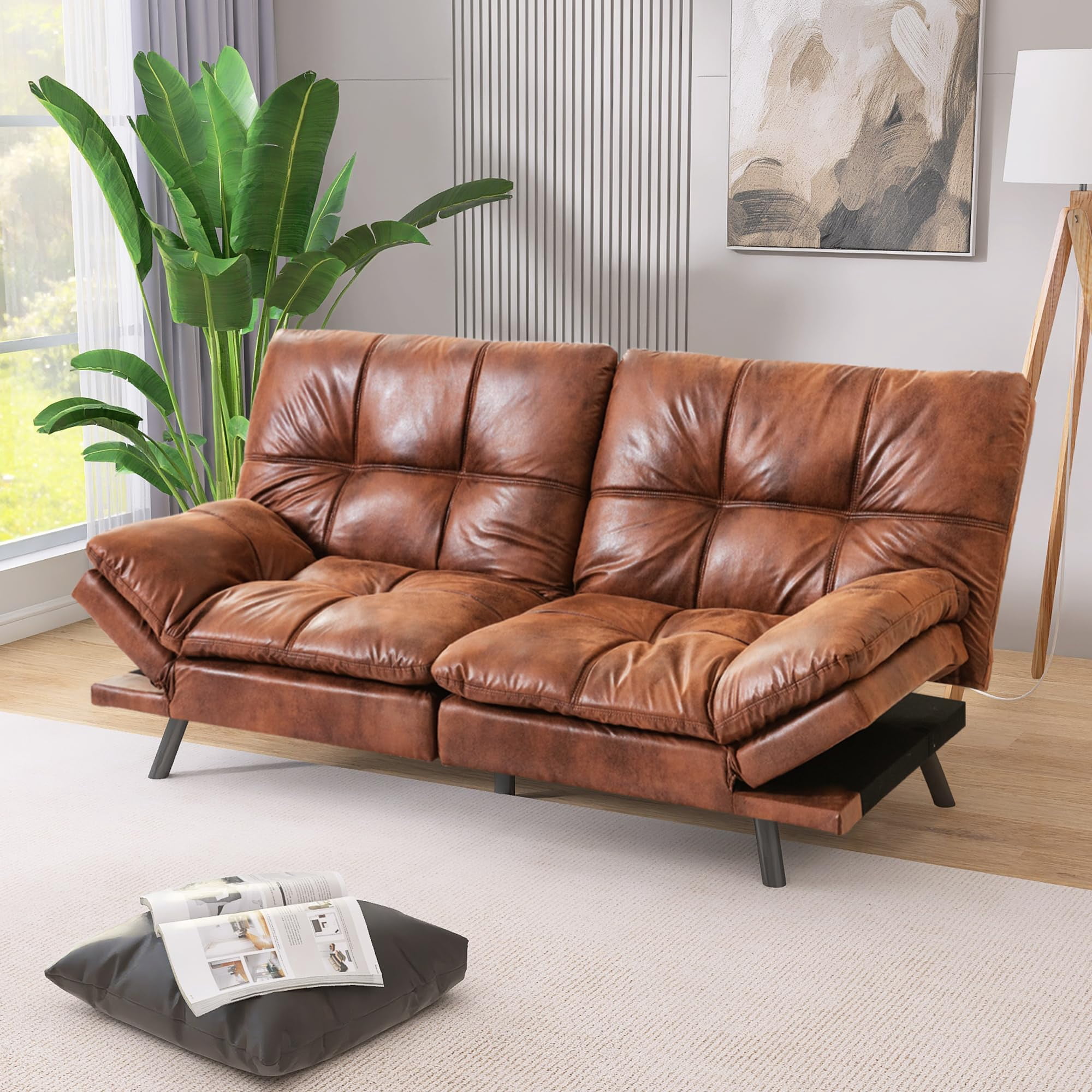 71" Convertible Futon Sofa,Faux Leather Futon Couch Bed,Sleeper Sofa ...