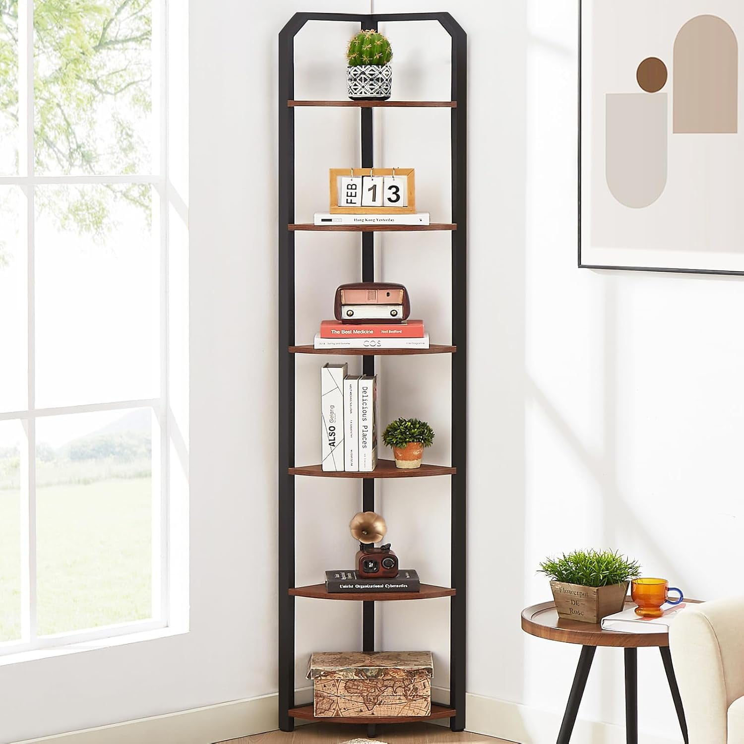 71" Corner Shelf 6 Tier Industrial Bookshelf Freestanding Shelf Stand ...