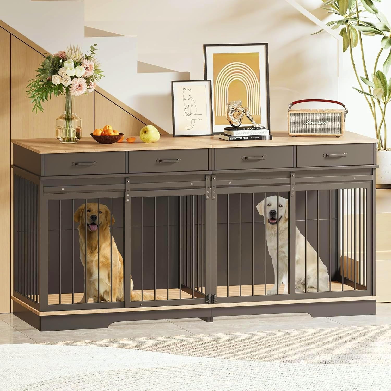 71" Double Dog Crate Furniture for 2 Dogs, All Steel Frame Dog Kennel ...