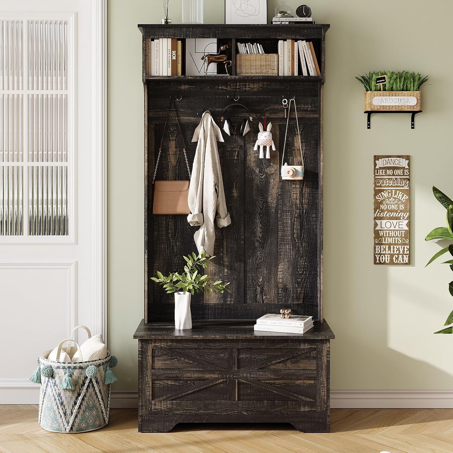 71" Entryway Small Hall Tree with Bench, 4-in-1 Coat Rack with Flip-top ...