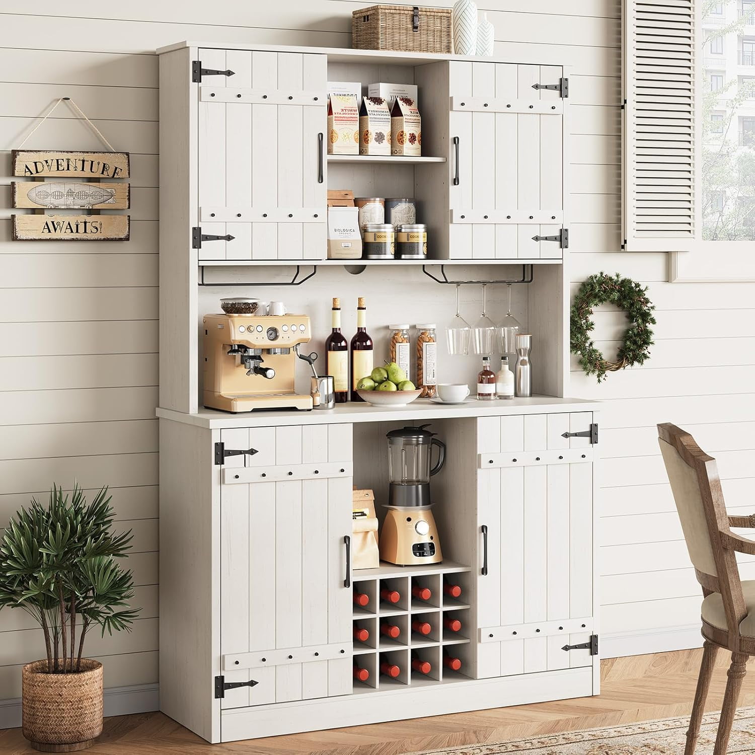 71" Farmhouse Kitchen Pantry Bar Cabinet with Storage and Adjustable ...