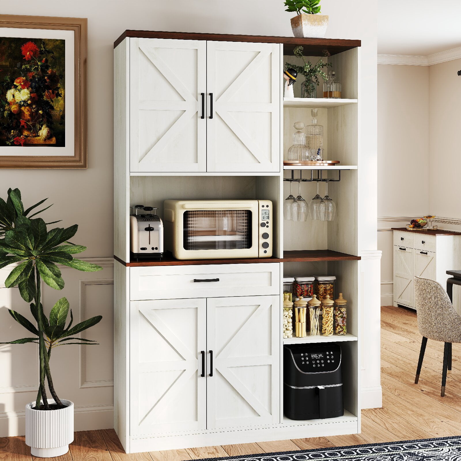 71'' Farmhouse Kitchen Pantry Sideboard with Charging Station & LED ...