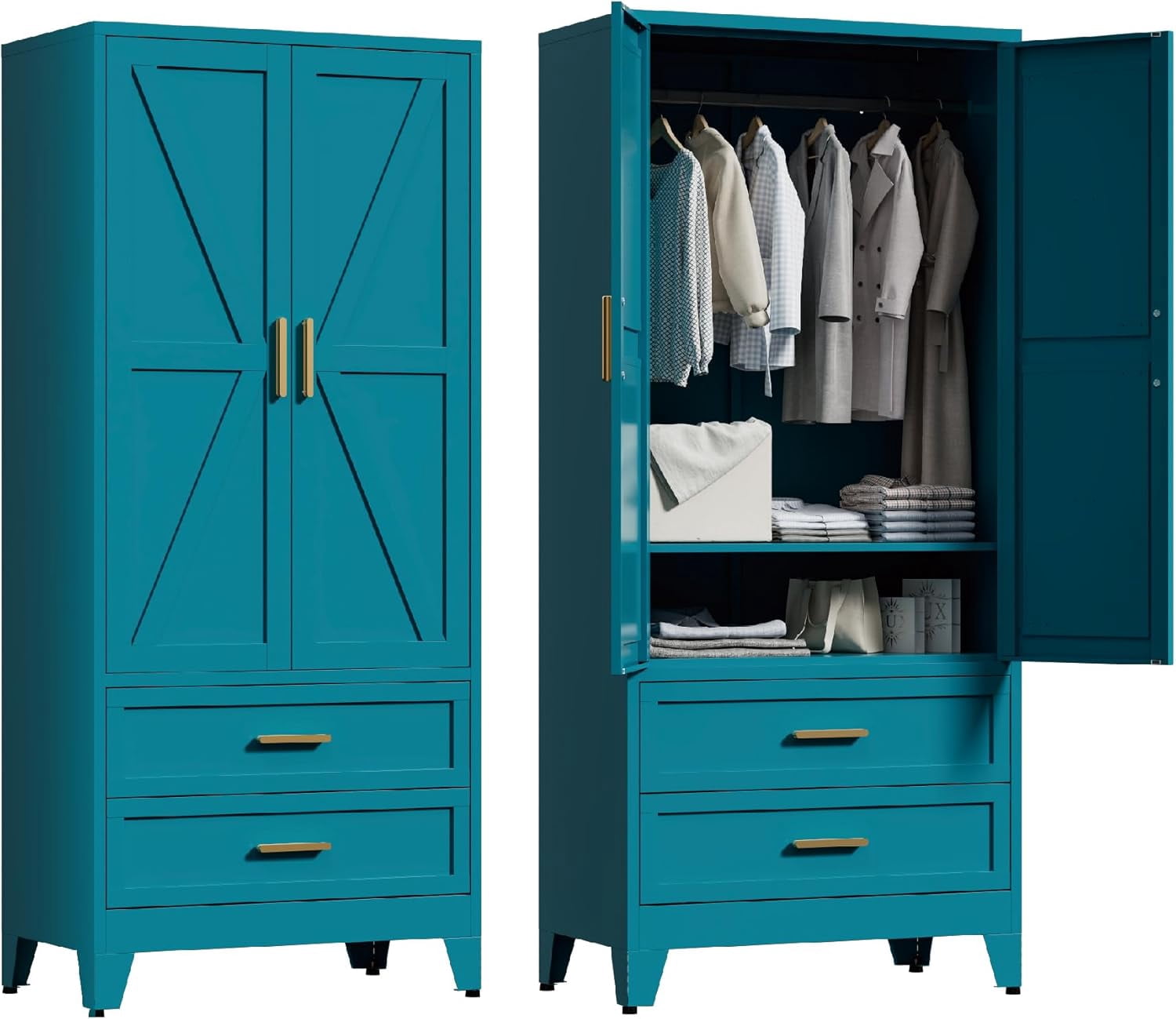 71'' Farmhouse Metal Wardrobe Cabinet with Hanging Rod, 2 Barn Door ...