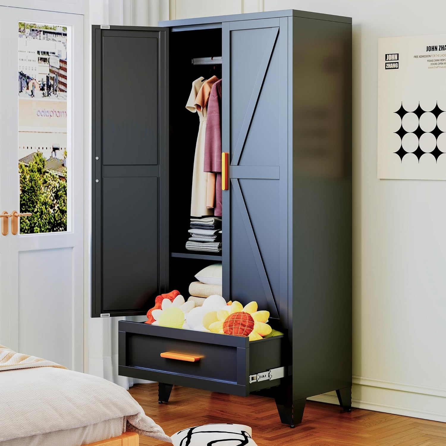 71 Farmhouse Metal Wardrobe Closet with Hanging Rod, 2 Barn Doors ...