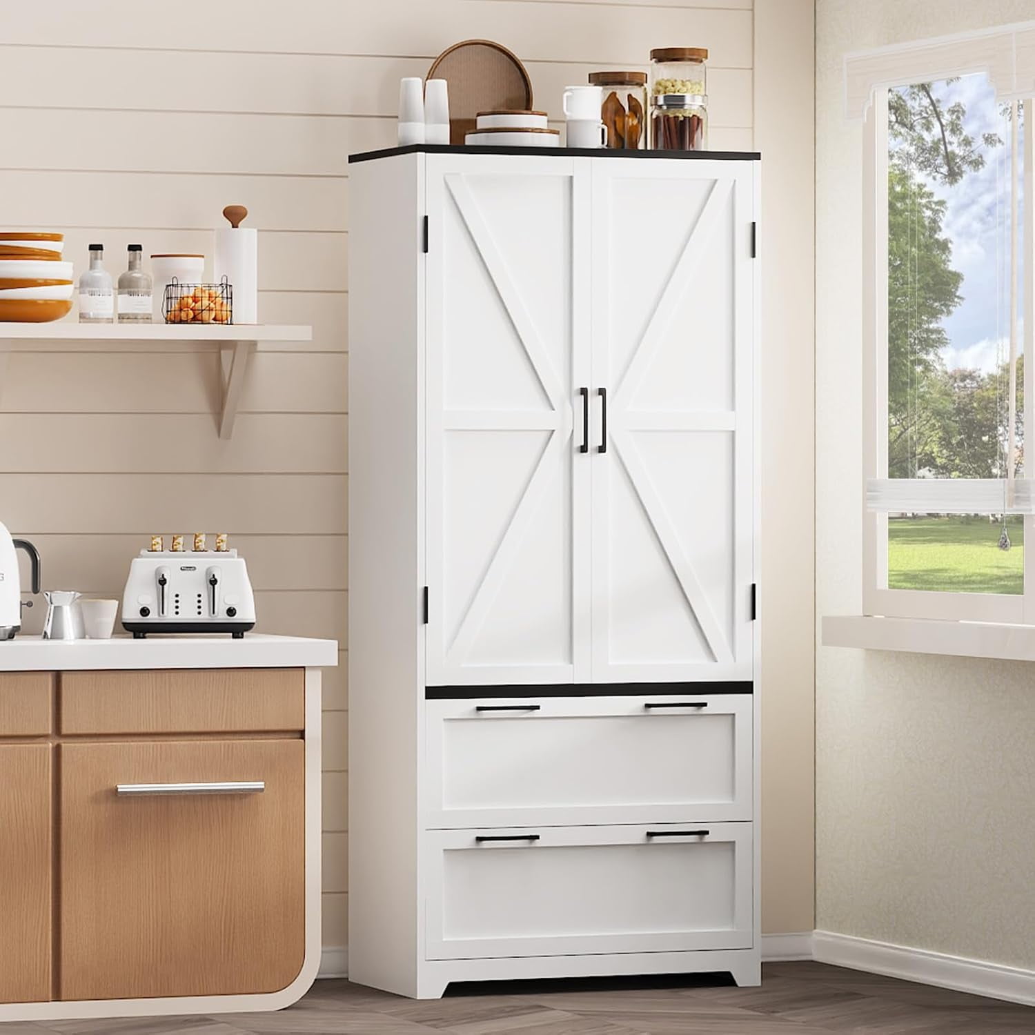 71" Farmhouse Pantry Cabinet, Kitchen Pantry Storage Cabinet with ...