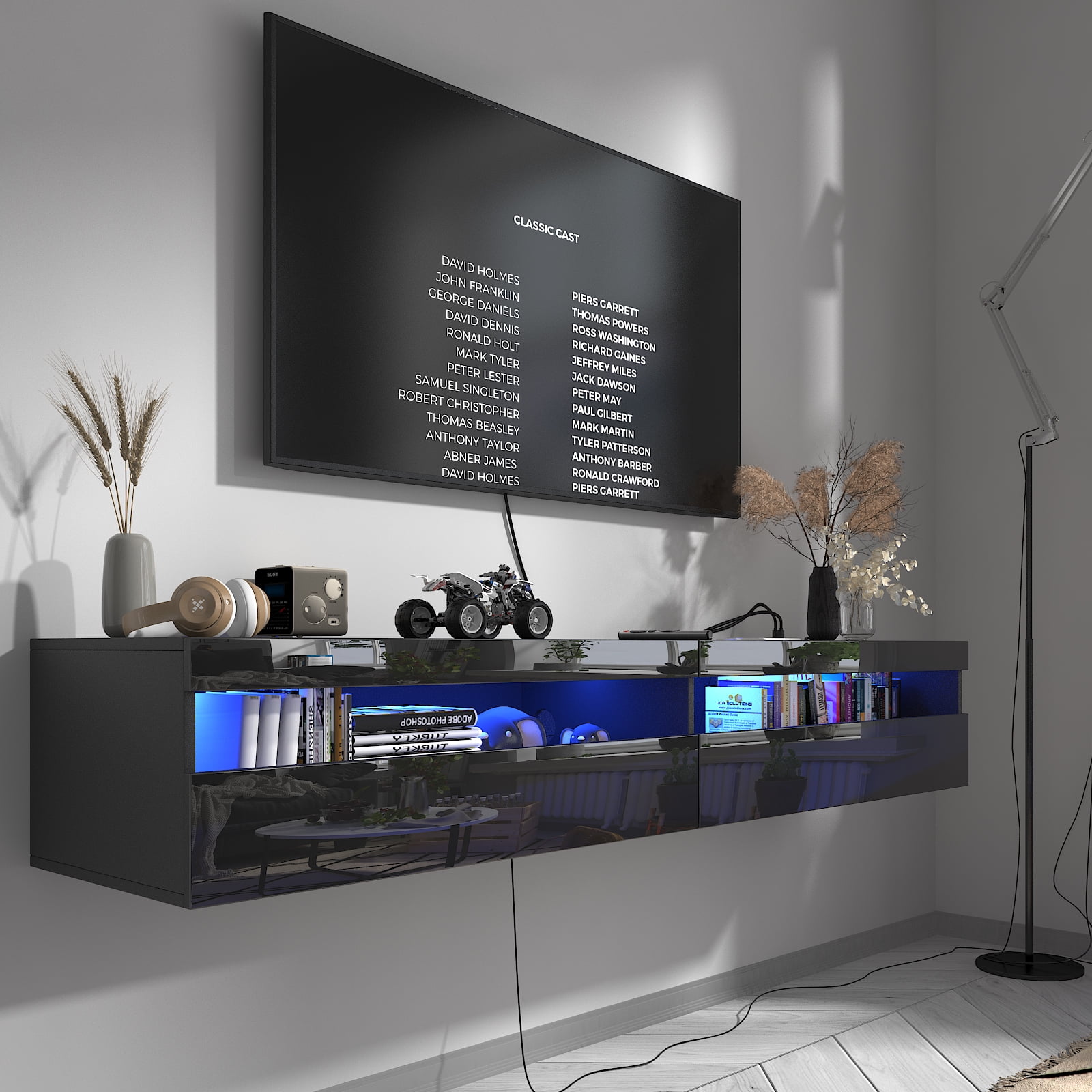 71" Floating TV Stand with LED Lights & Built-in Power Outlets - Wall ...