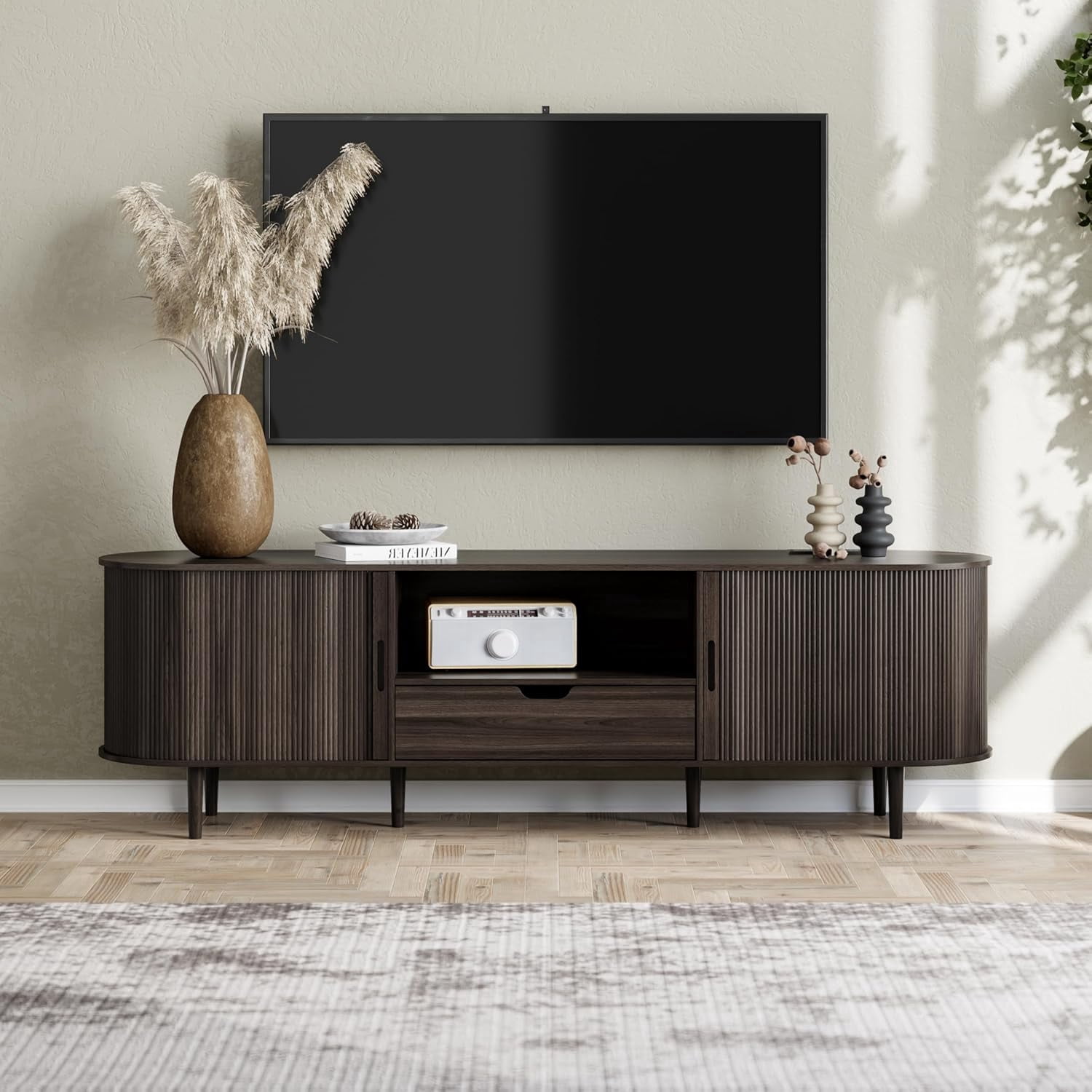 71" Fluted TV Stand with Power Outlet for TVs up to 80", TV Console ...