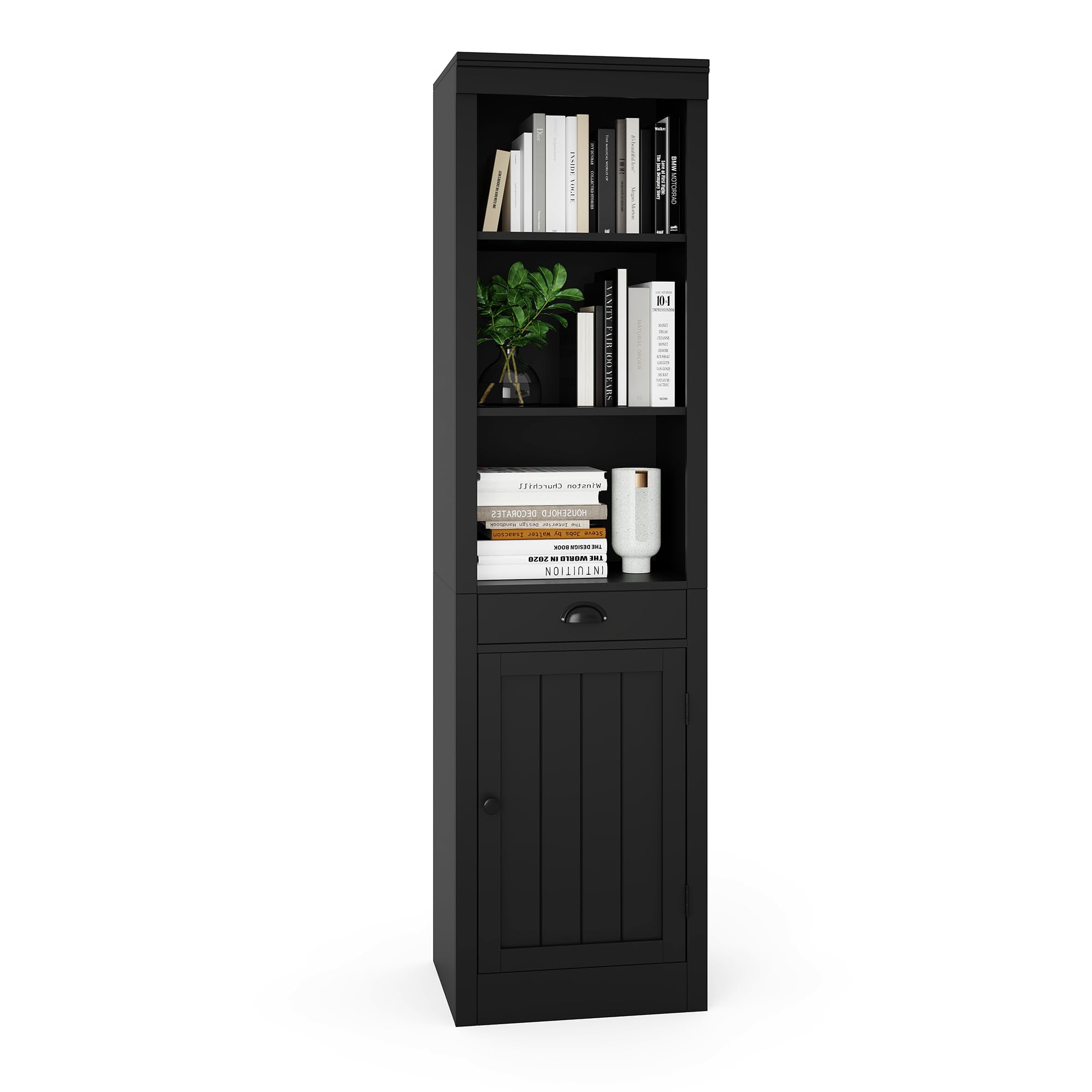 71" Freestanding Narrow Bookcase with Door, 3-Tiers Open Bookshelf with ...