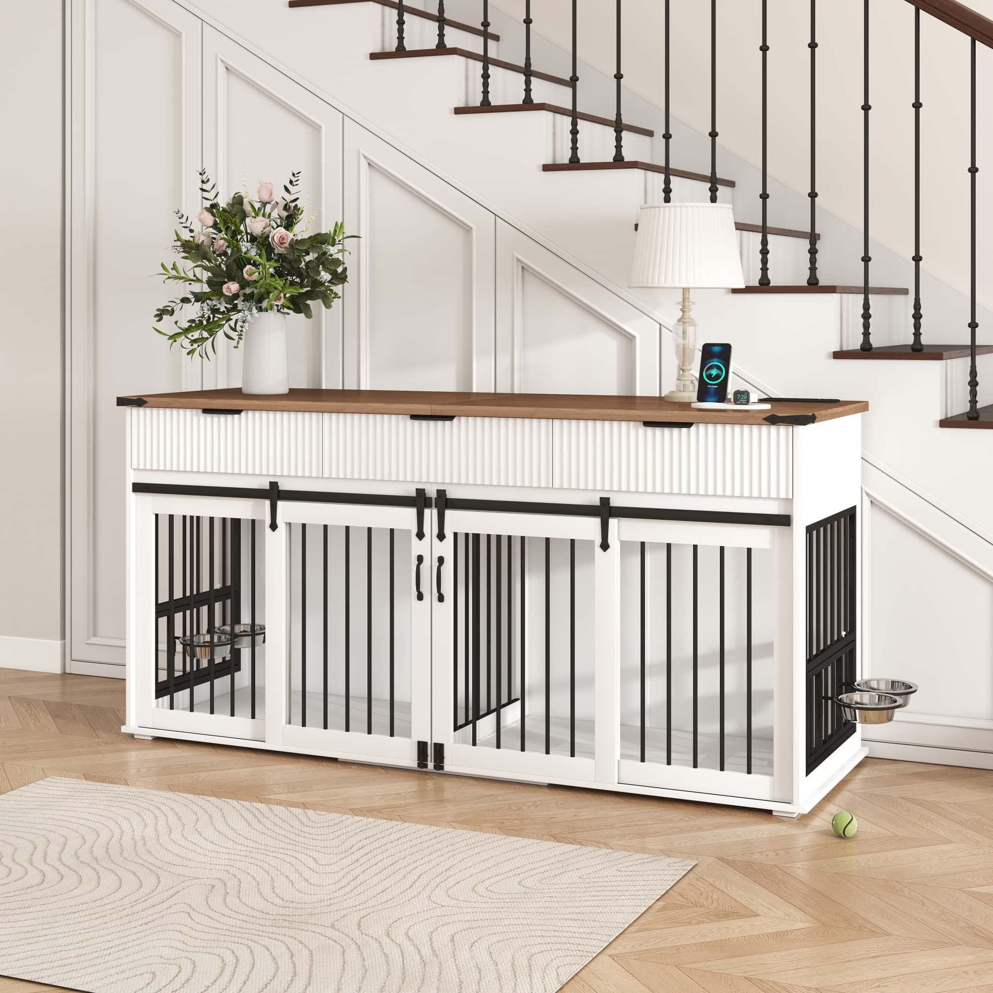71" Furniture Style Double Dog Crate, Large Dog Kennel Furniture with 3 ...