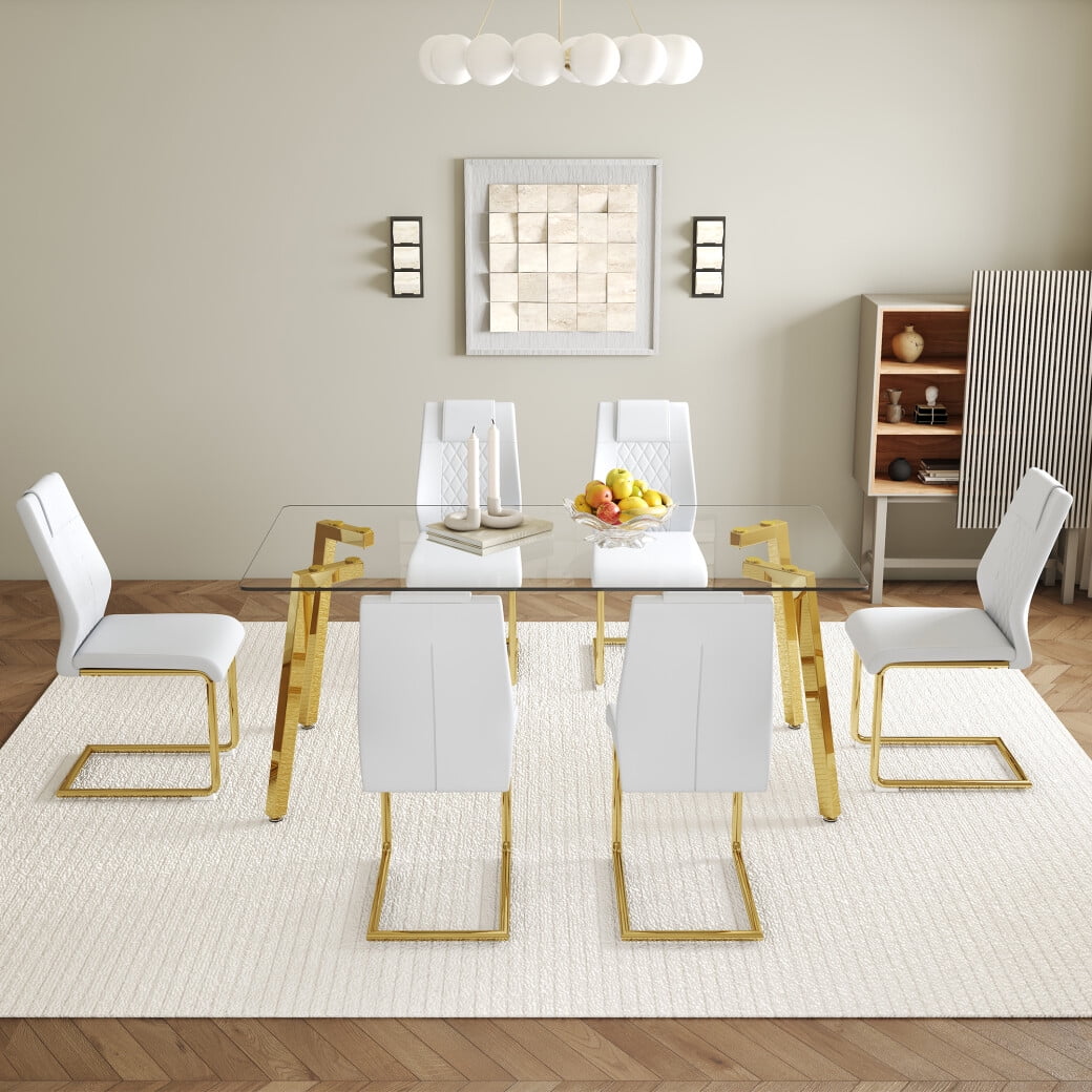 71" Glass Dining Table Set for 6, Gold Dining Room Table Set for 6 ...