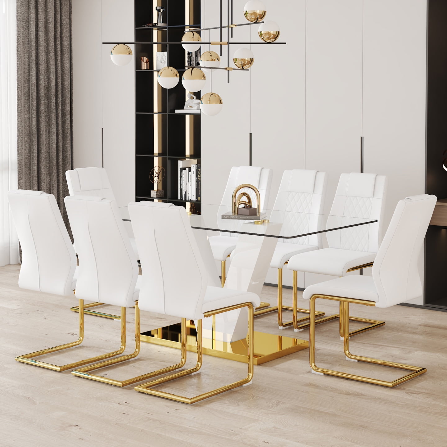 71" Glass Dining Table Set for 8, Gold Dining Room Table Set for 8 ...