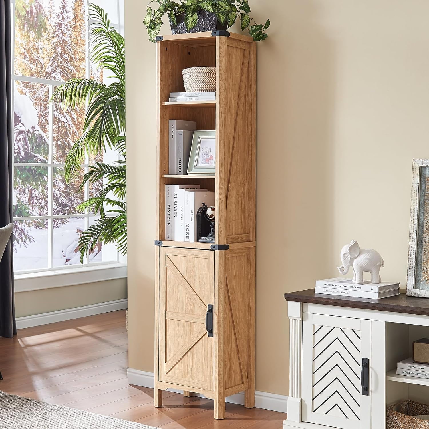 71" H Bookshelf with Barn Doors and Storage Cabinet, Farmhouse Book ...