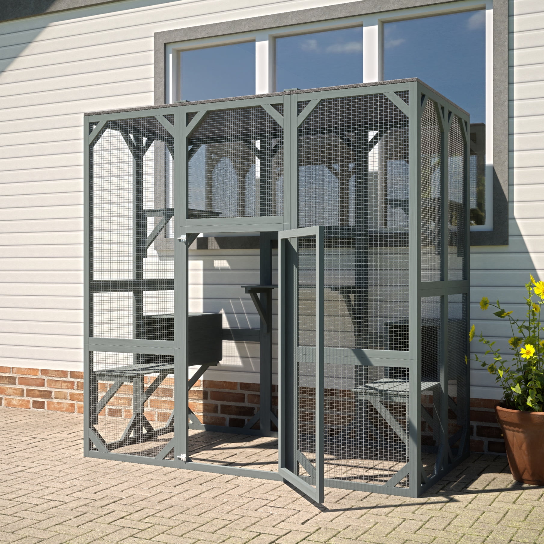 71"H Catio Outdoor Cat Enclosure, Large Wooden Walk in Kitty Cage with ...