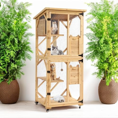 71" H Catio Outdoor Cats Enclosure Window, 4 Tiers Wooden House Cage on ...