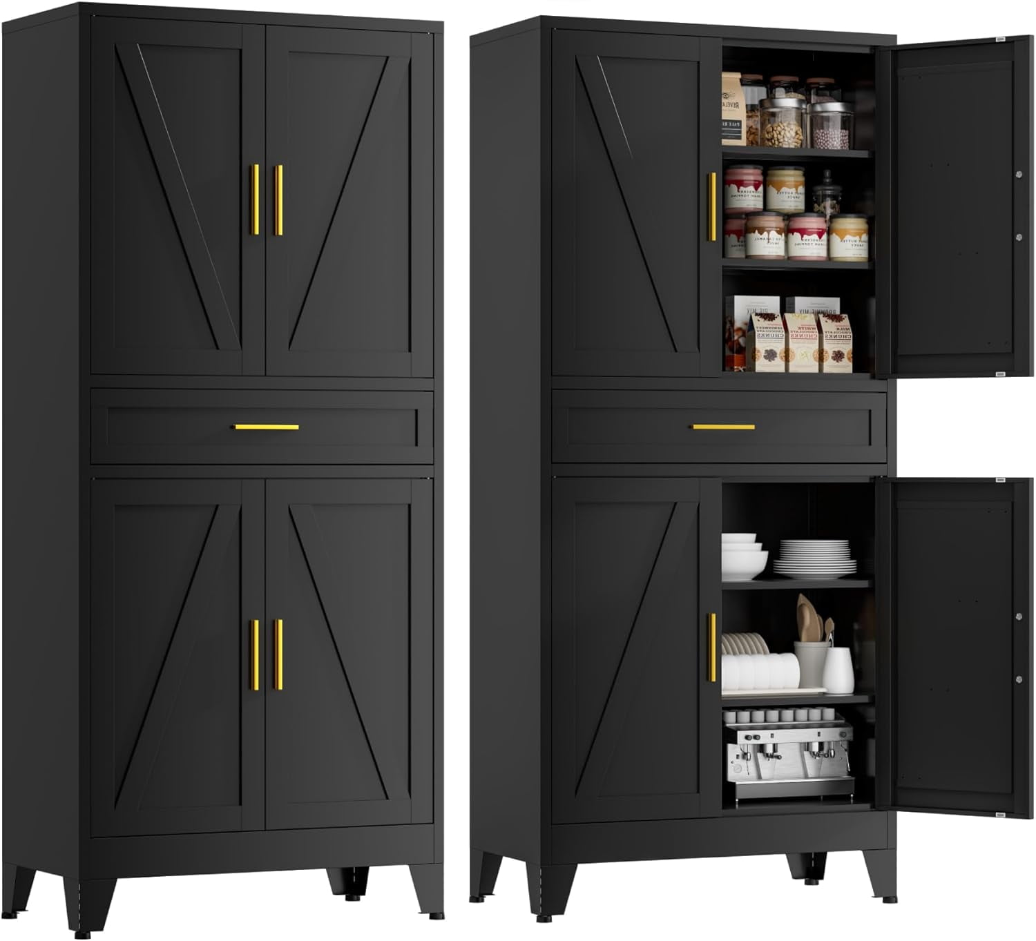 71" H Farmhouse Metal Kitchen Storage Cabinets,Black Pantry Cabinet ...