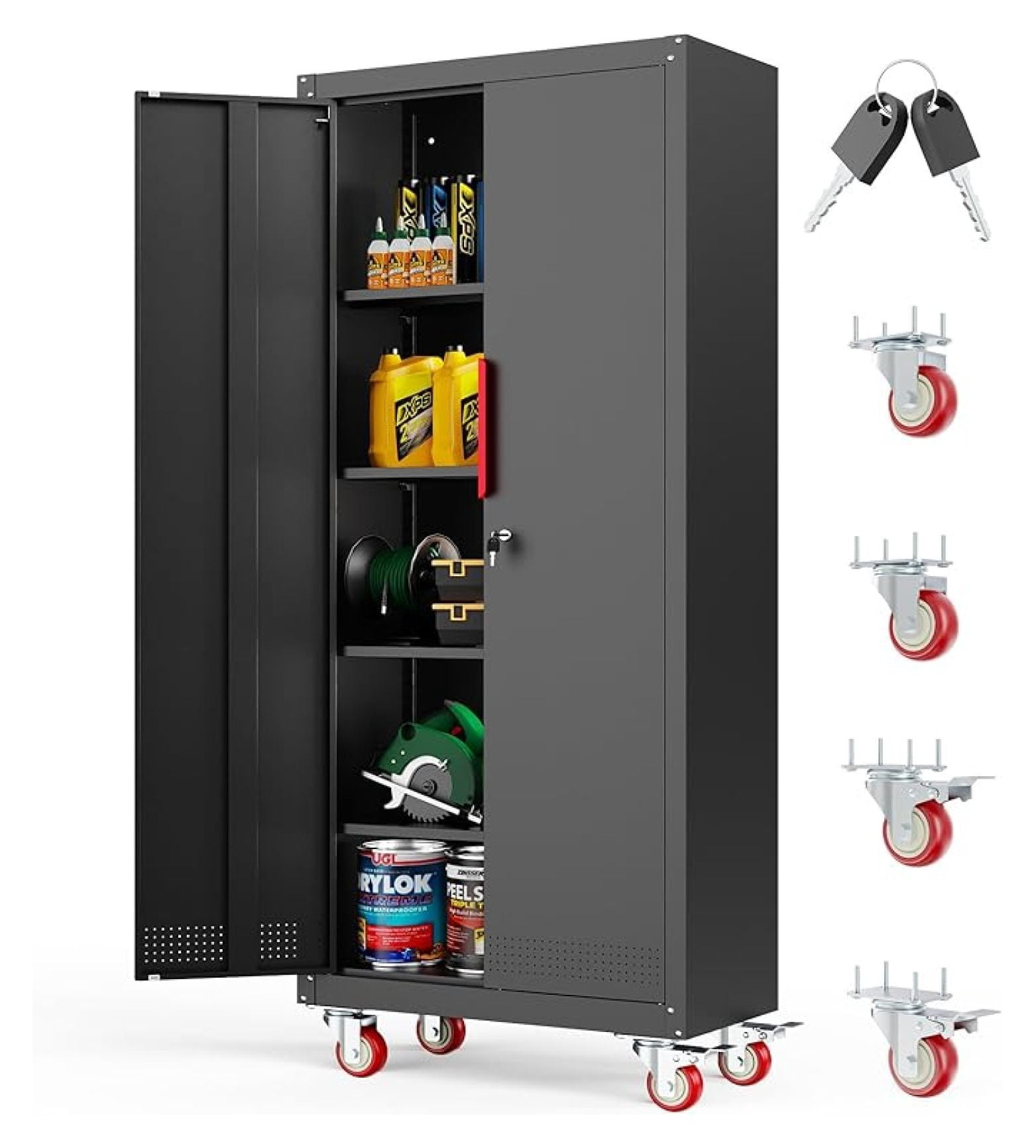 71" H Garage Storage Cabinet with 4 Adjustable Shelves and Wheels ...