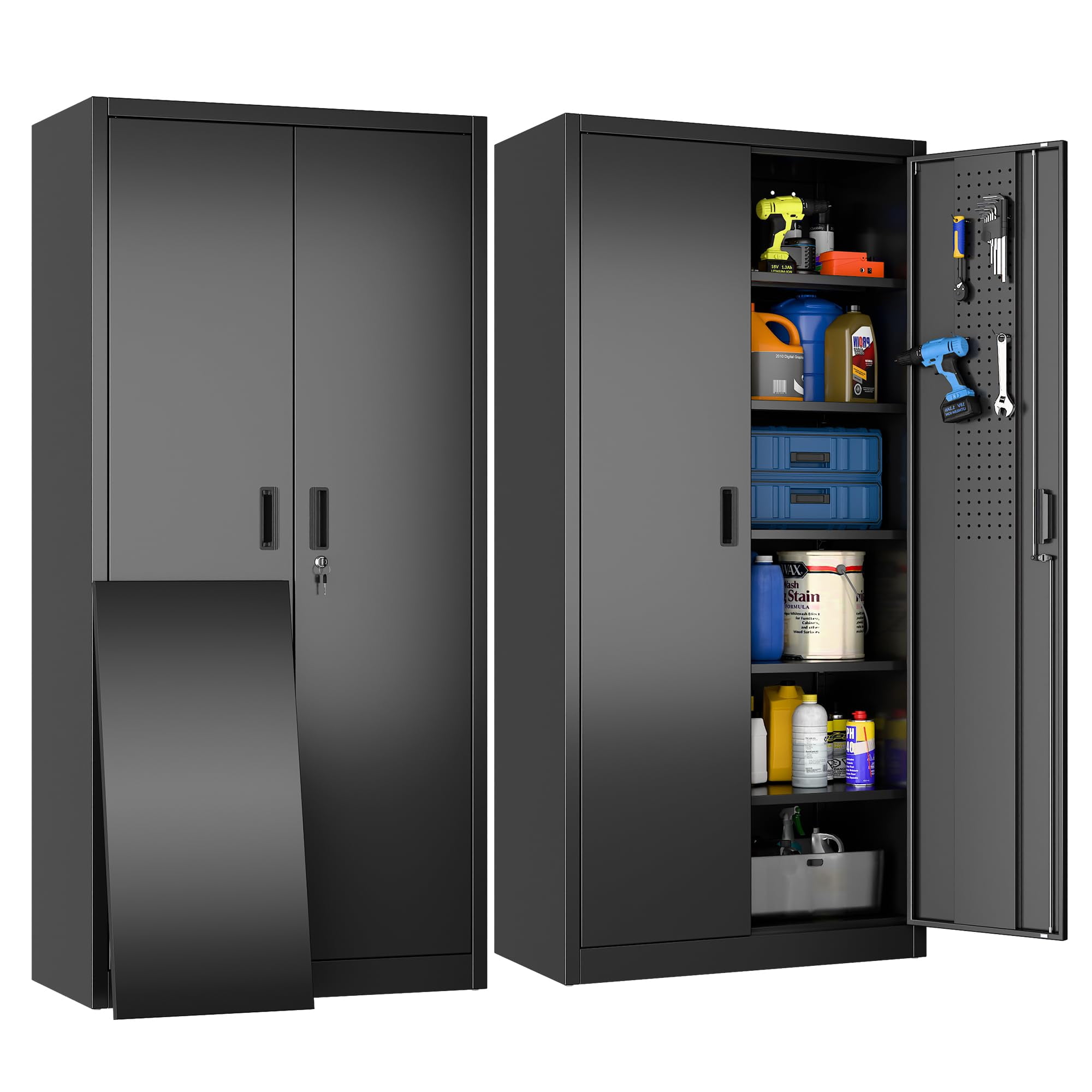 71" H Garage Storage Cabinet with Lock and Pegboard, Lockable Metal ...