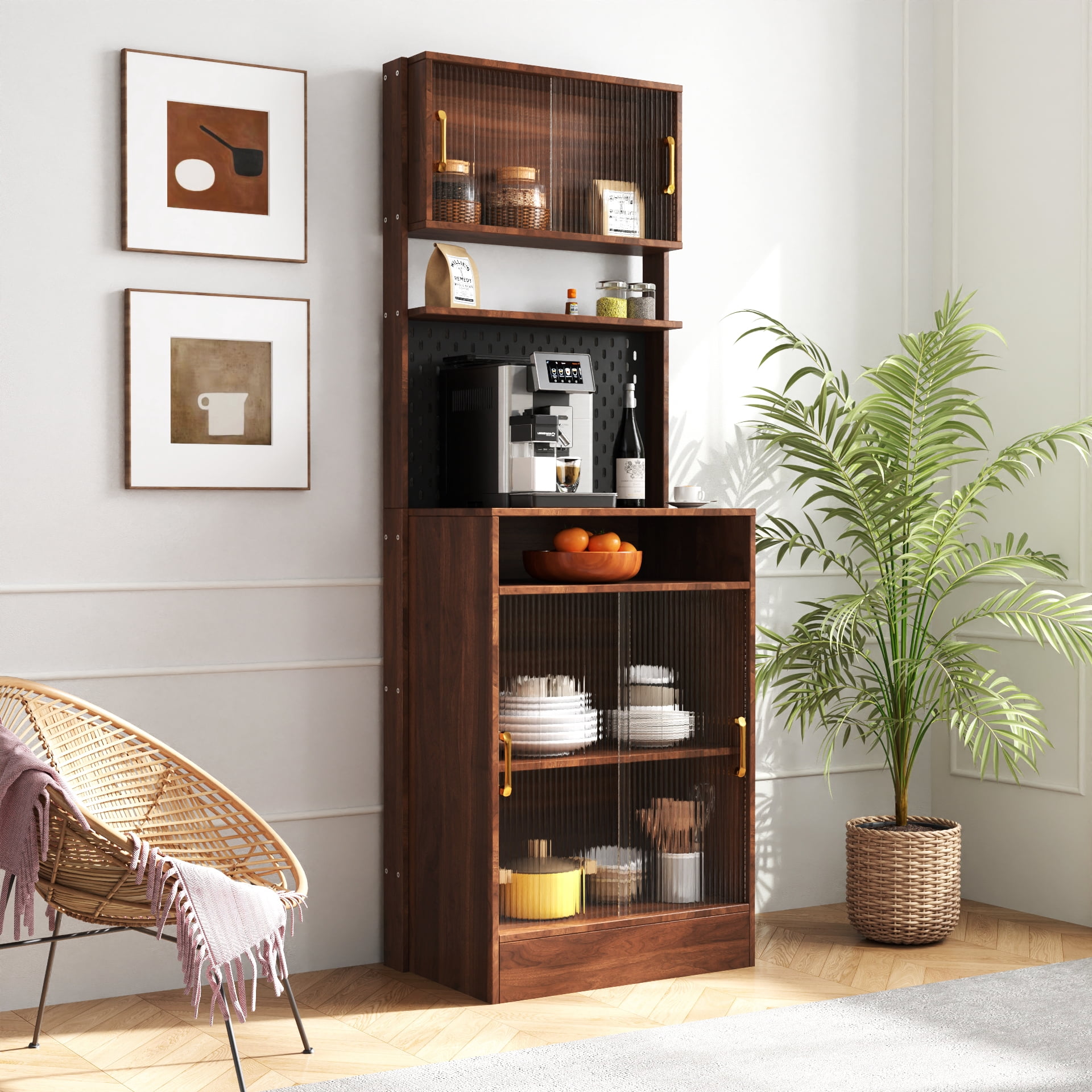 71"H Kitchen Pantry Sideboard Cabinet with 2 Sliding Striped Glass ...