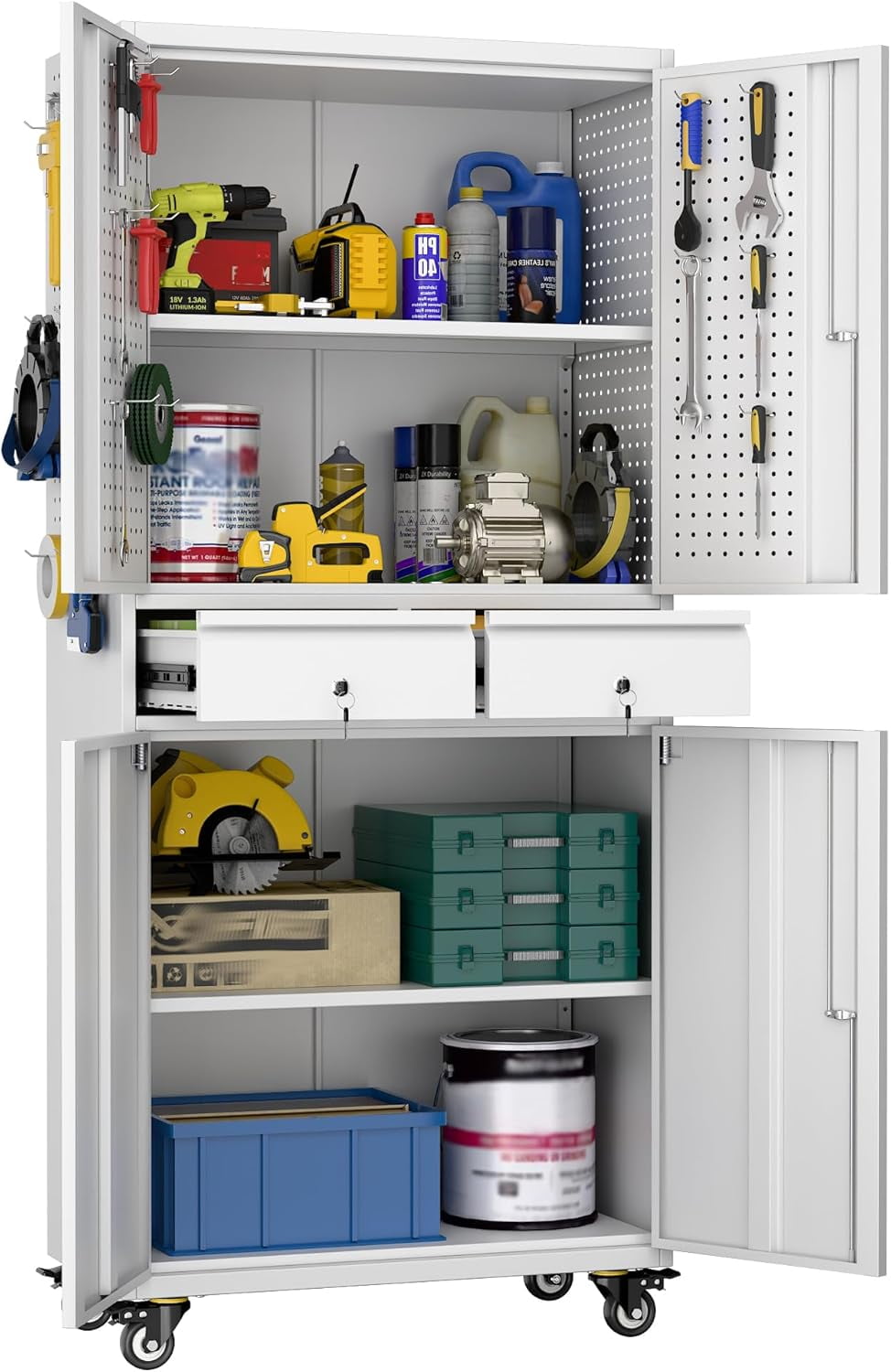 71''H Metal Garage Storage Cabinet with Wheels & 4 Pegboard,Rolling ...