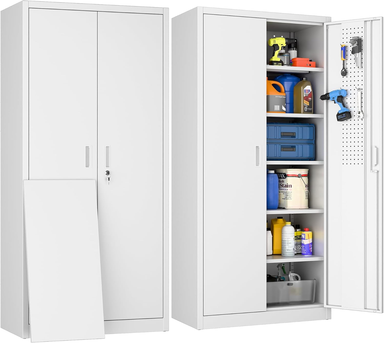71" H Metal Storage Cabinet with Pegboards and Hooks,Metal Garage Cabinet with Lock and ...