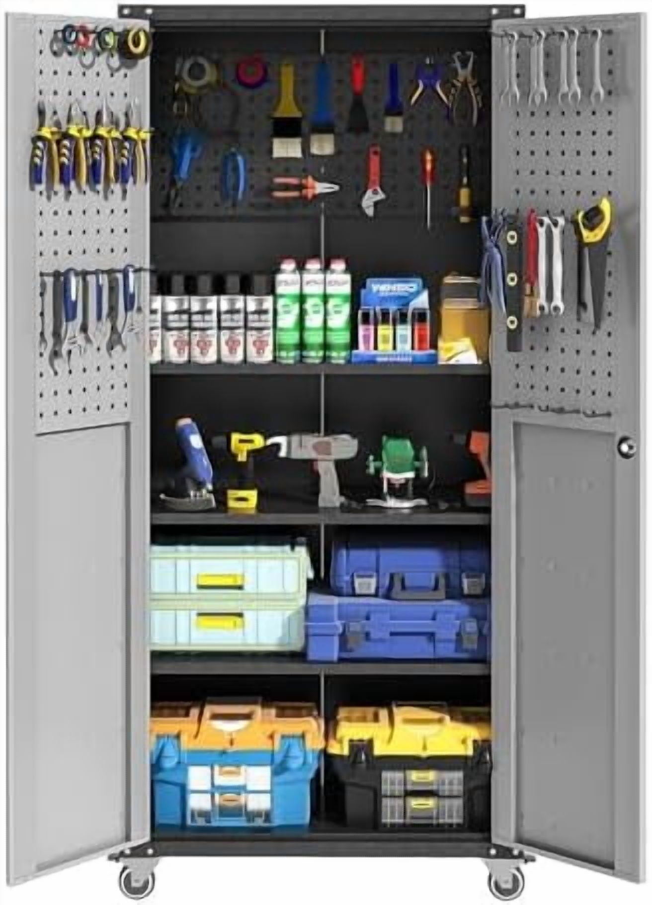 71" H Metal Tool Tall Cabinet for Garage with Wheels，Mobile Metal ...