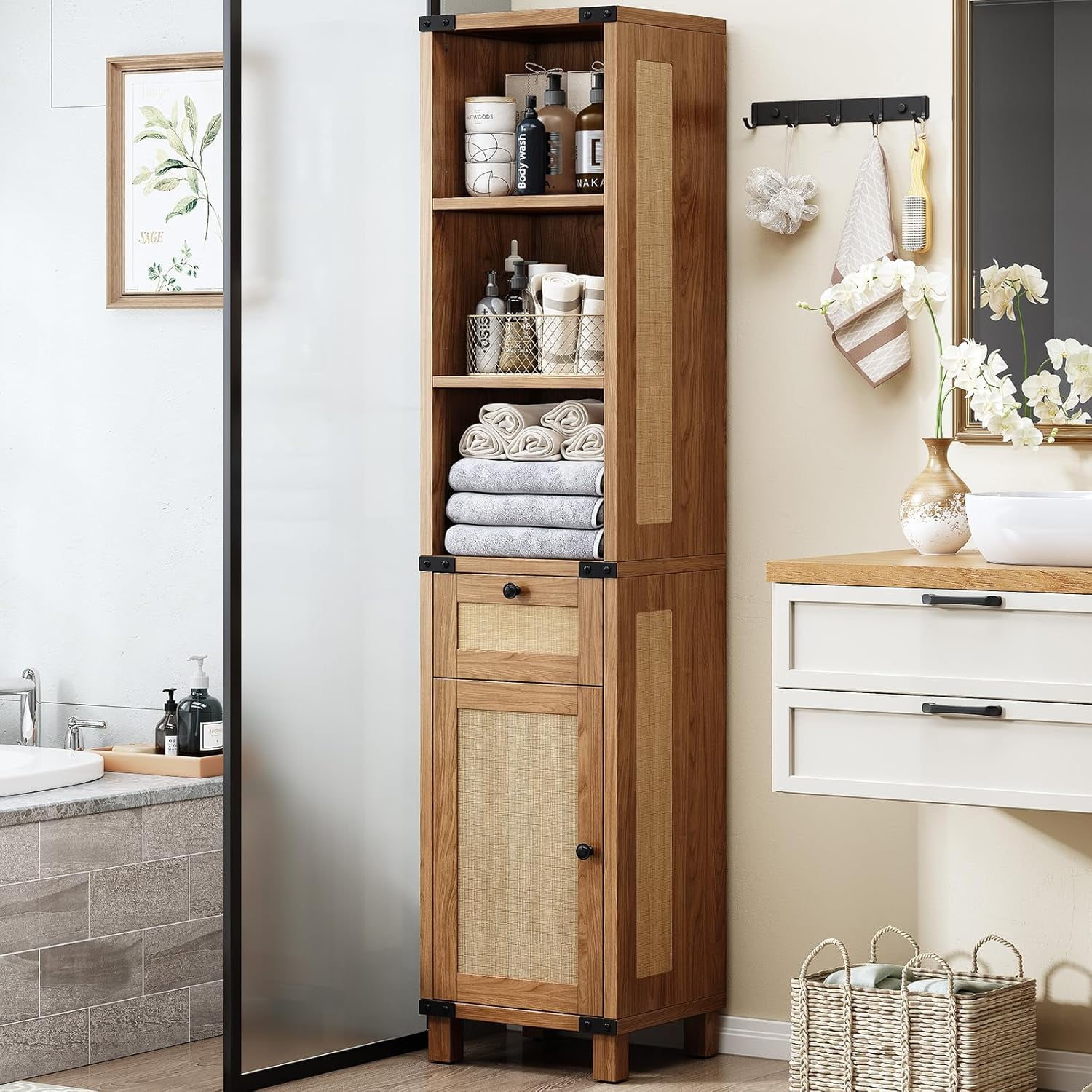 71" H Tall Narrow Bathroom Storage Cabinet, Slim Floor Cabinets with ...