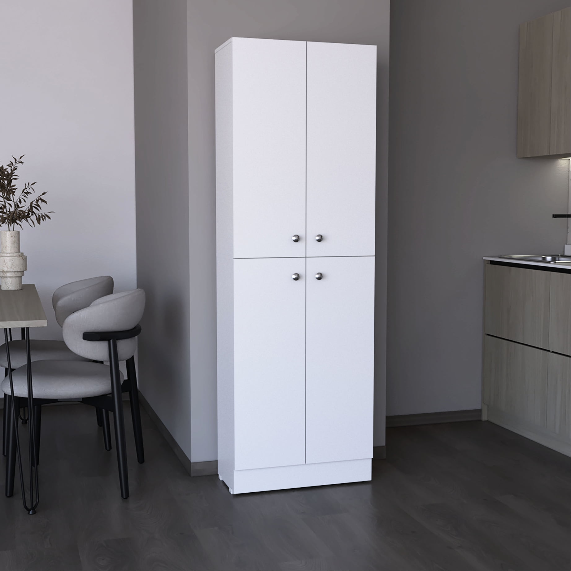 71" H White Kitchen Pantry With 4 Doors And 5 Adjustable Shelves For ...