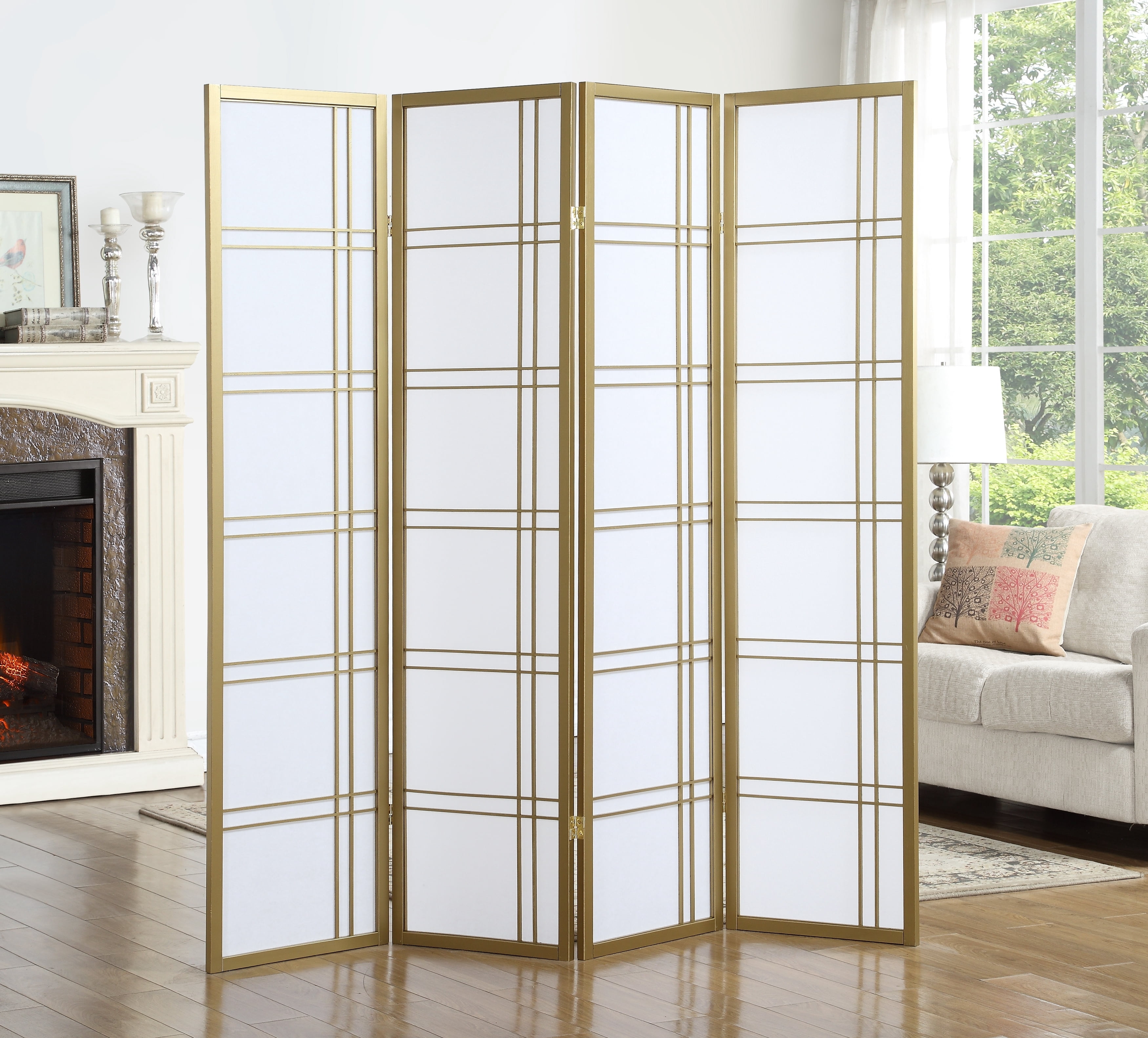 71" High 4-Panel Room Divider Screen, Gold | Solid pine wood frame with ...