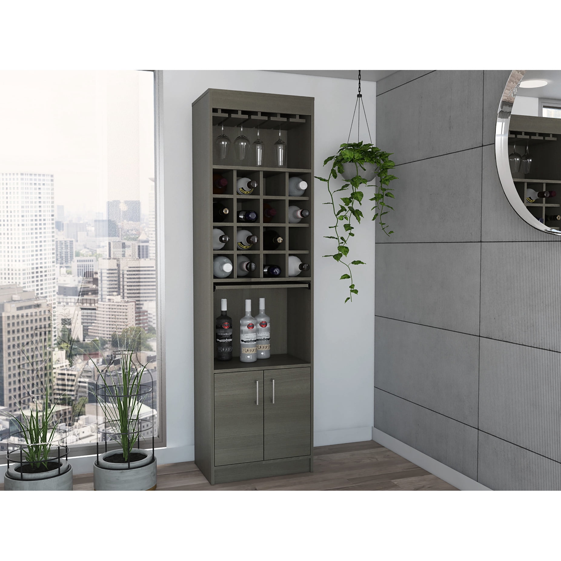 71" High Bar Cabinet With Serving Tray And 16 Wine Rack - Gray Style 70 ...