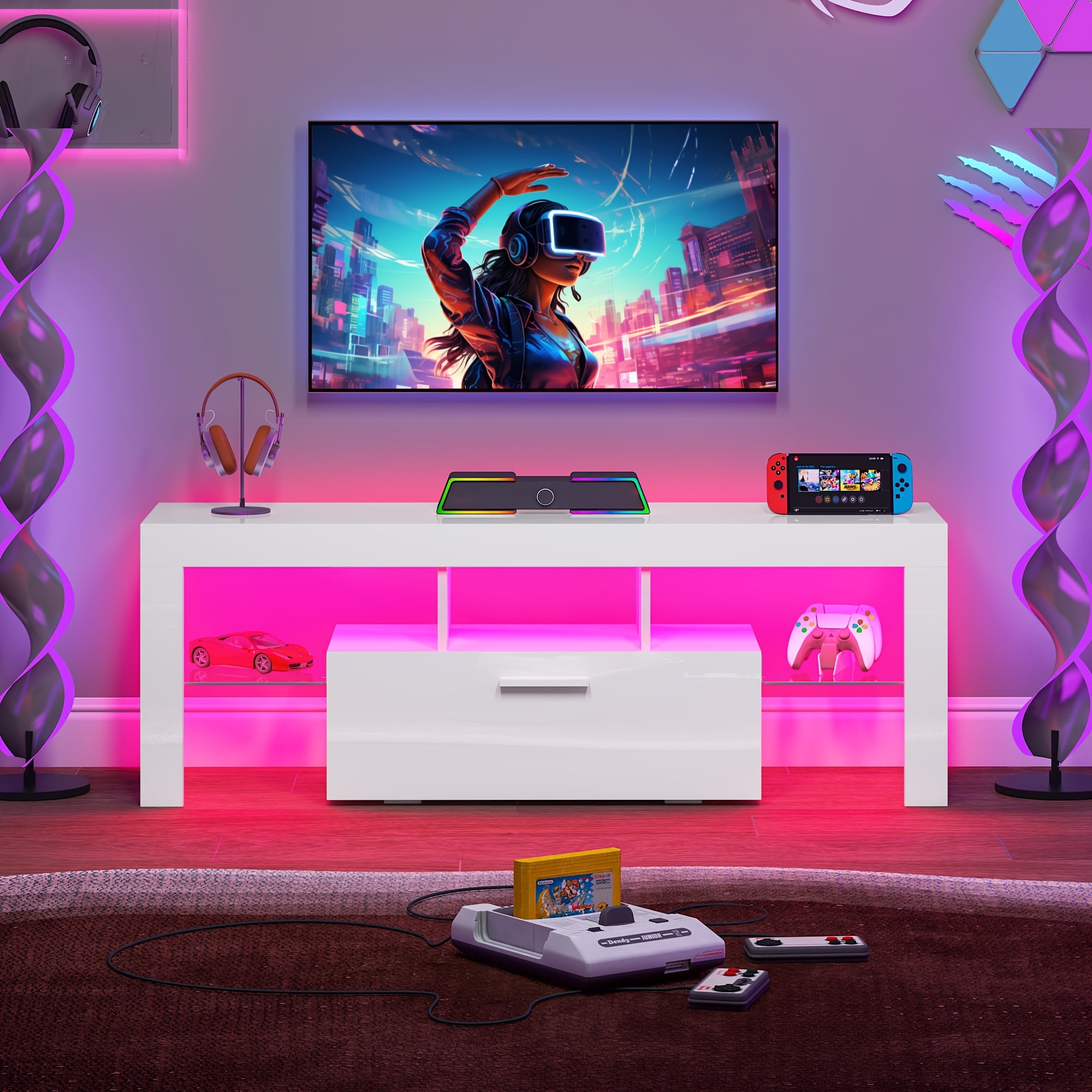 71" High Gloss White TV Stand w/ LED Lights - Fits 55-80 Inch TVs. PS5 Storage Cabinet, Glass ...